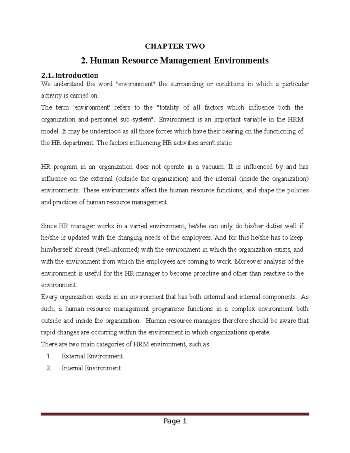 HRM CH - 2 - essential for mgt students - CHAPTER TWO 2. Human Resource Management Environments ...