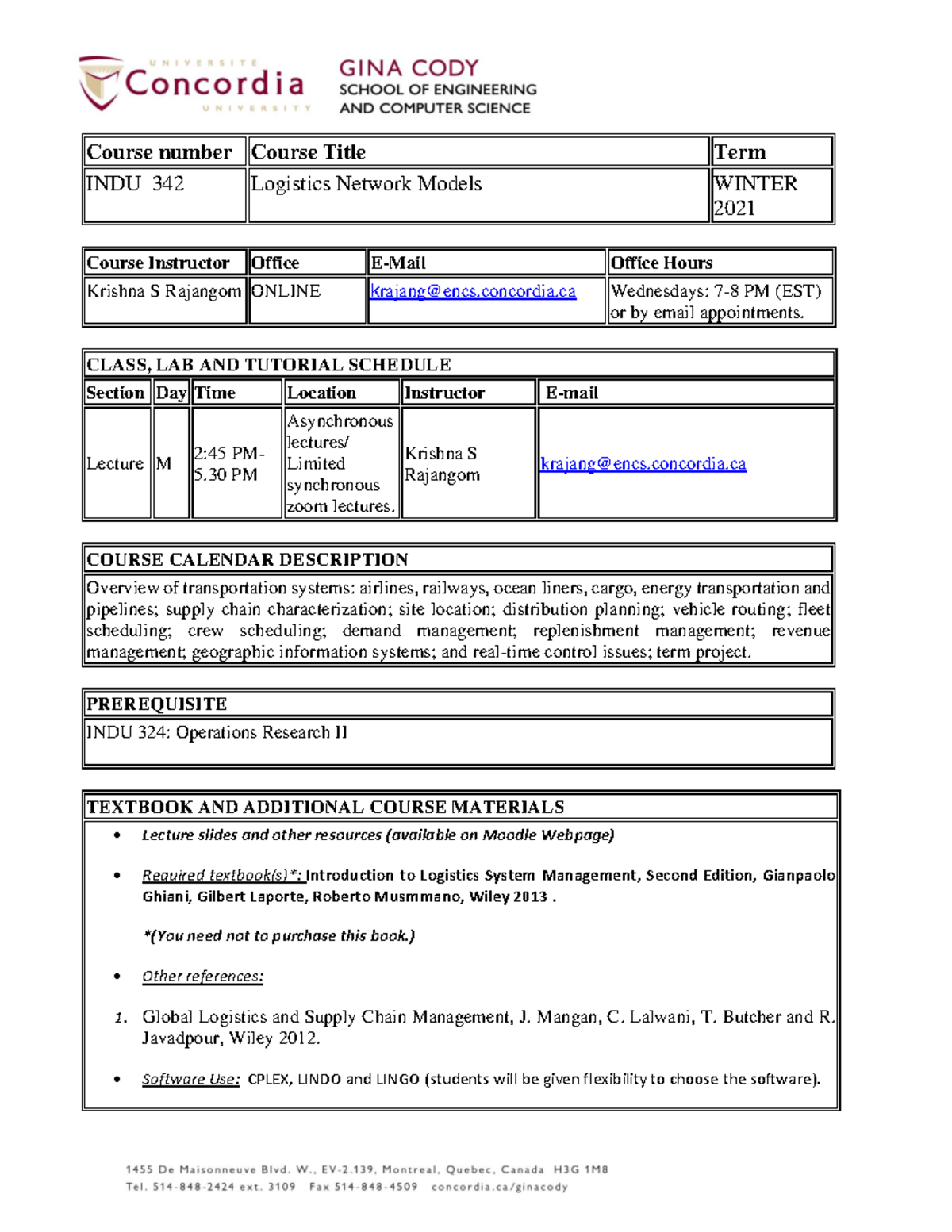 Course Outline Logistics Network Models - Course number Course Title ...