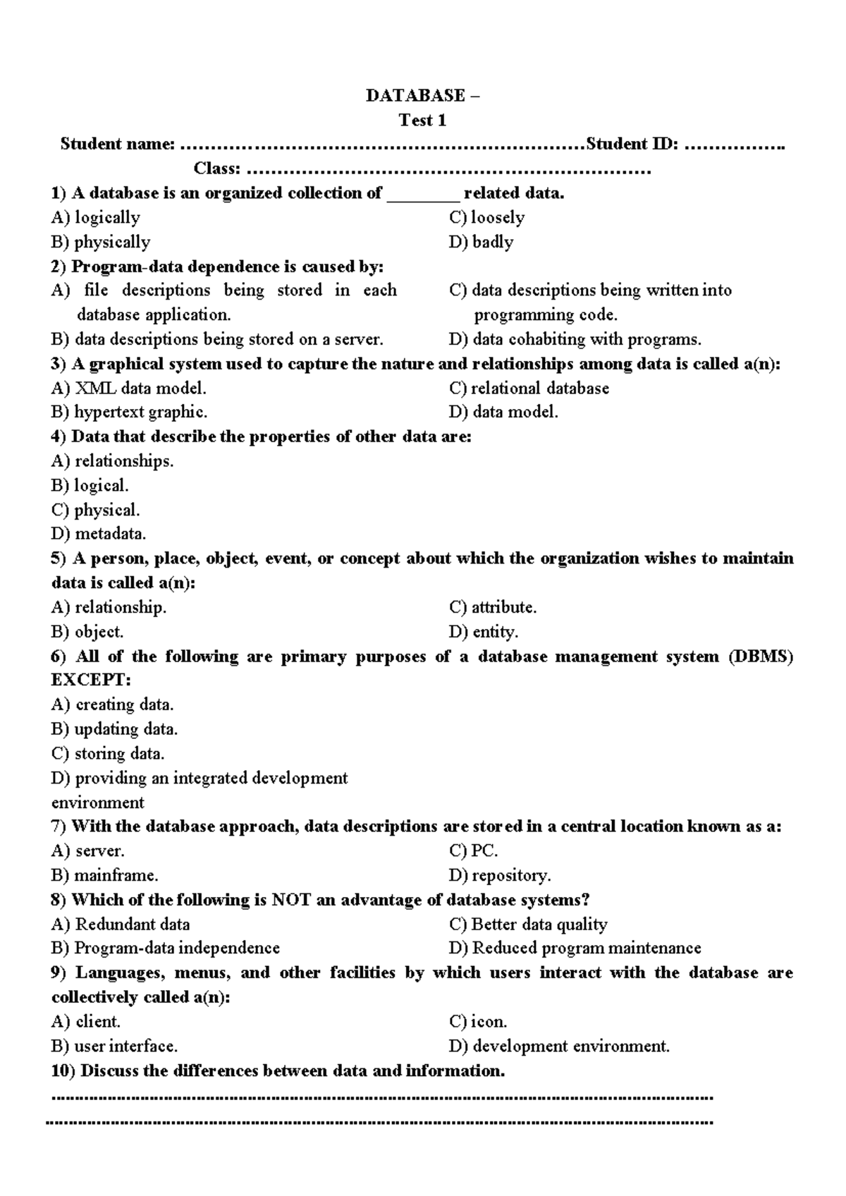Test 1 - DATABASE – Test 1 Student name: - Studocu