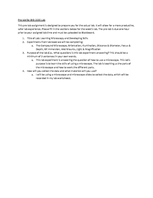 BIO Lab - Pre-Lab 3 - Professor Krystal Bakkila - Pre-lab for BIO 1030 Lab This pre-lab ...