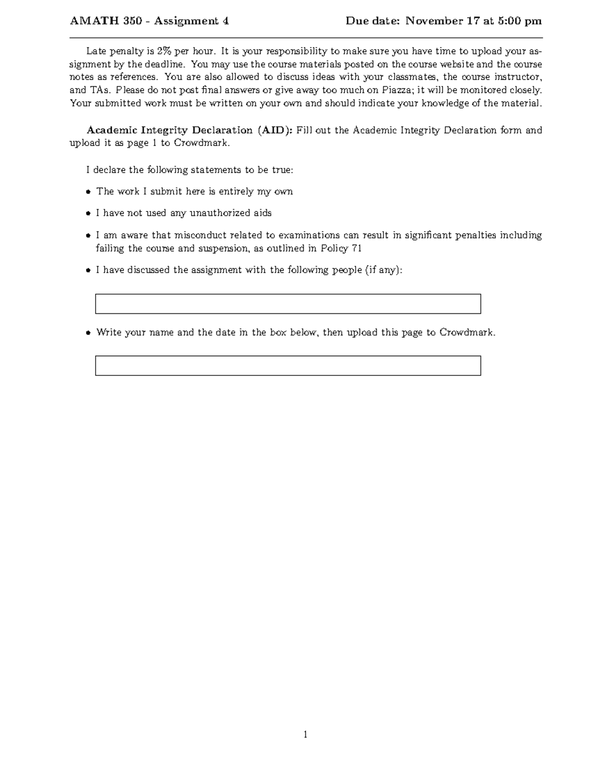 Assignment 4-AM350 - asdfafdafad - AMATH 350 - Assignment 4 Due date: November 17 at 5:00 pm ...