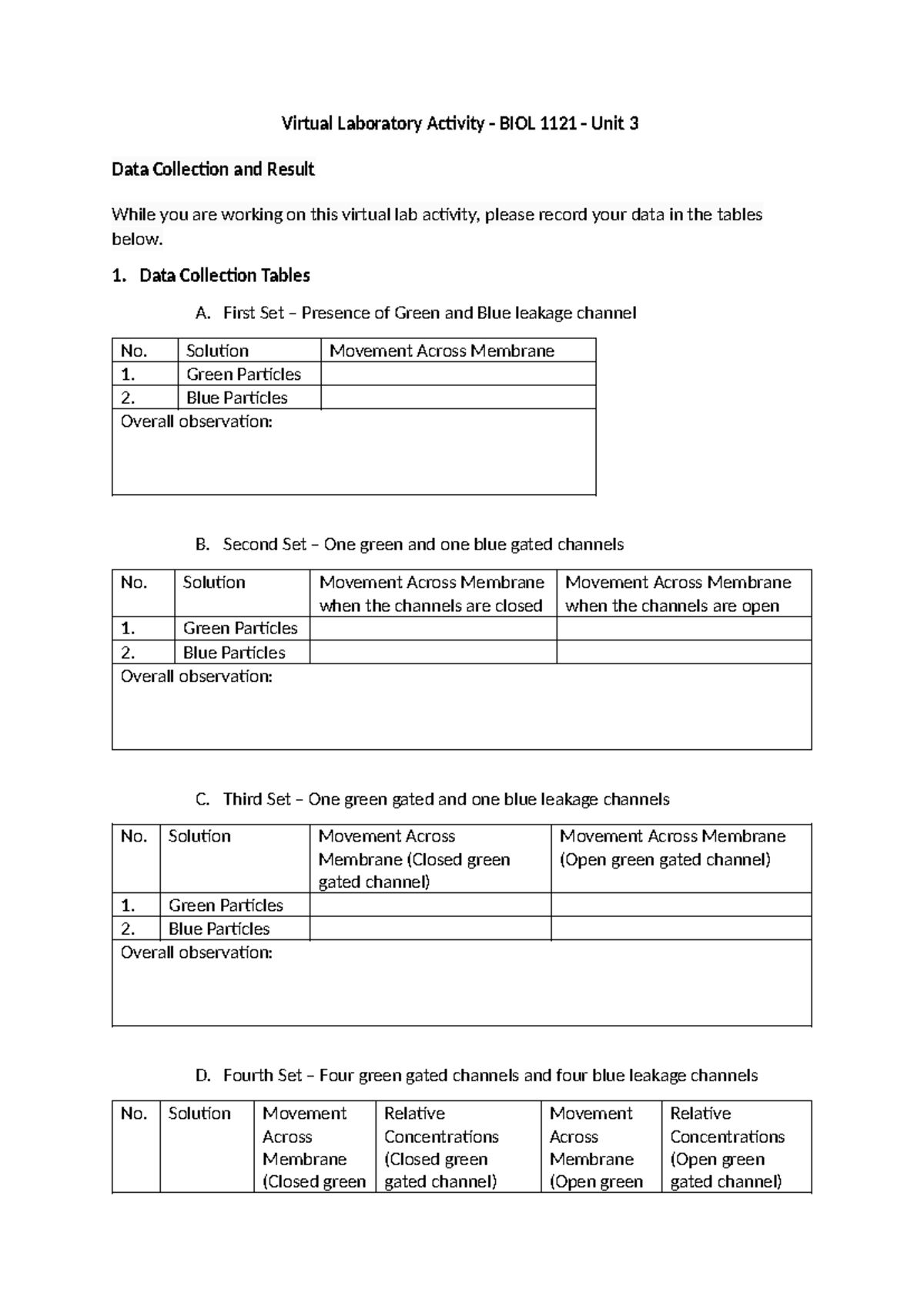 Experiment 2 - Data Collection and Result - Virtual Laboratory Activity - BIOL 1121 - Unit 3 ...