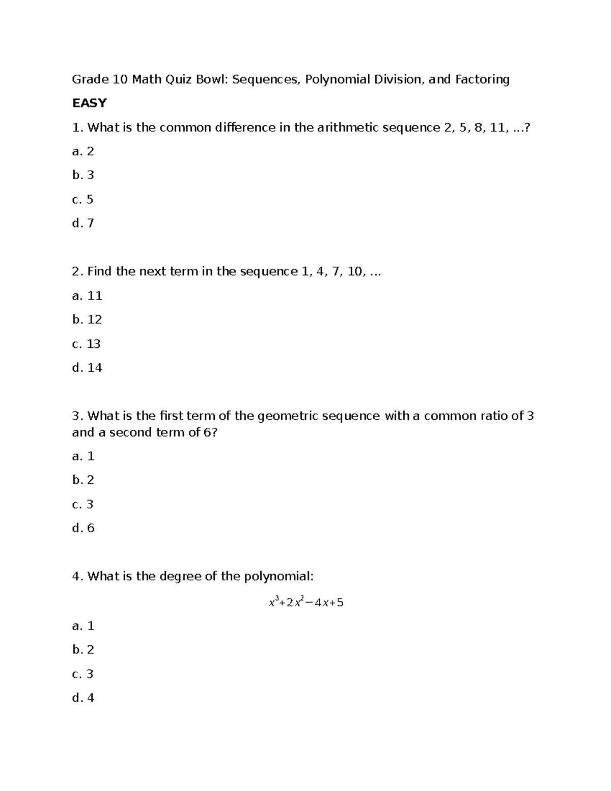 Grade 10 Math Quiz Bowl - None - Grade 10 Math Quiz Bowl: Sequences ...