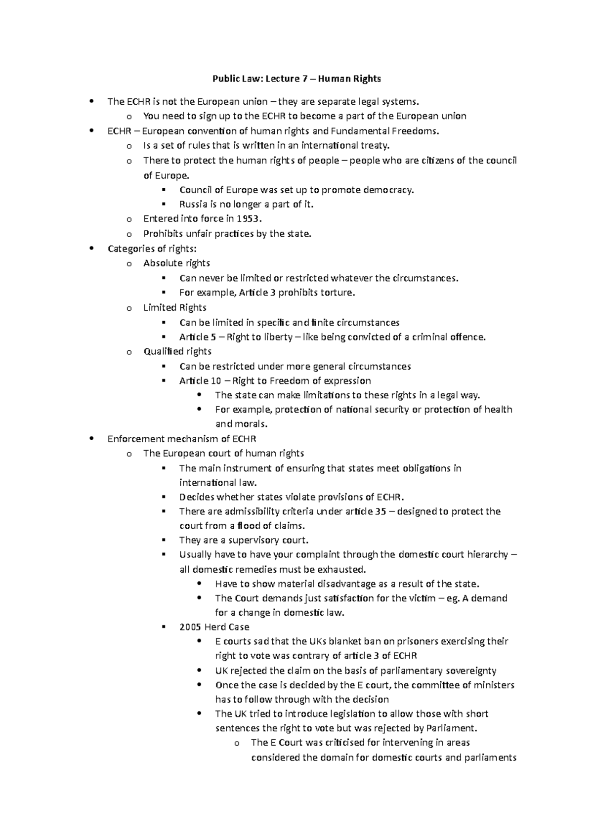 Public Law Lecture 7 – Human Rights - Public Law: Lecture 7 – Human Rights The ECHR is not the ...