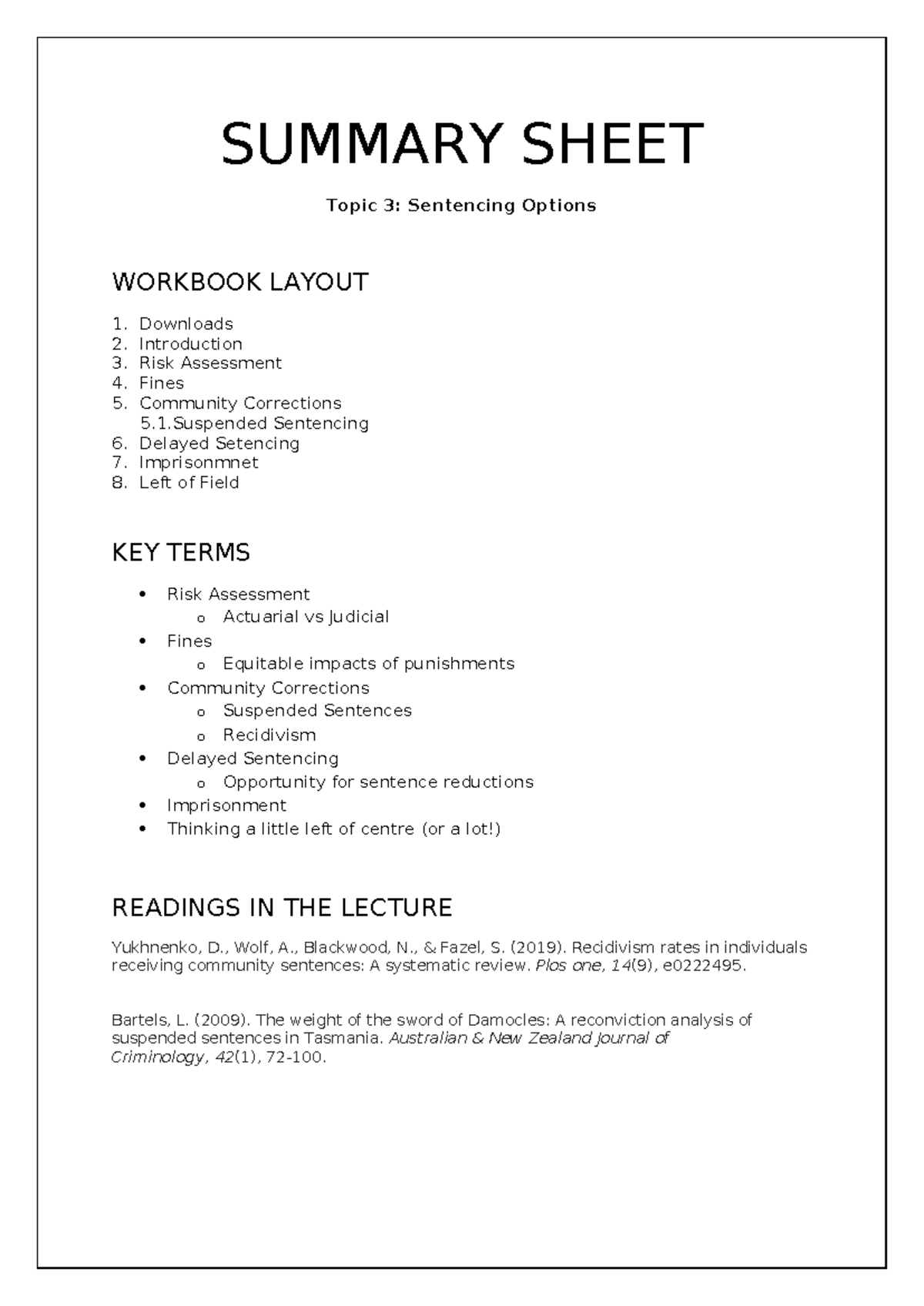 Summaries - Week 3 - SUMMARY SHEET Topic 3: Sentencing Options WORKBOOK ...