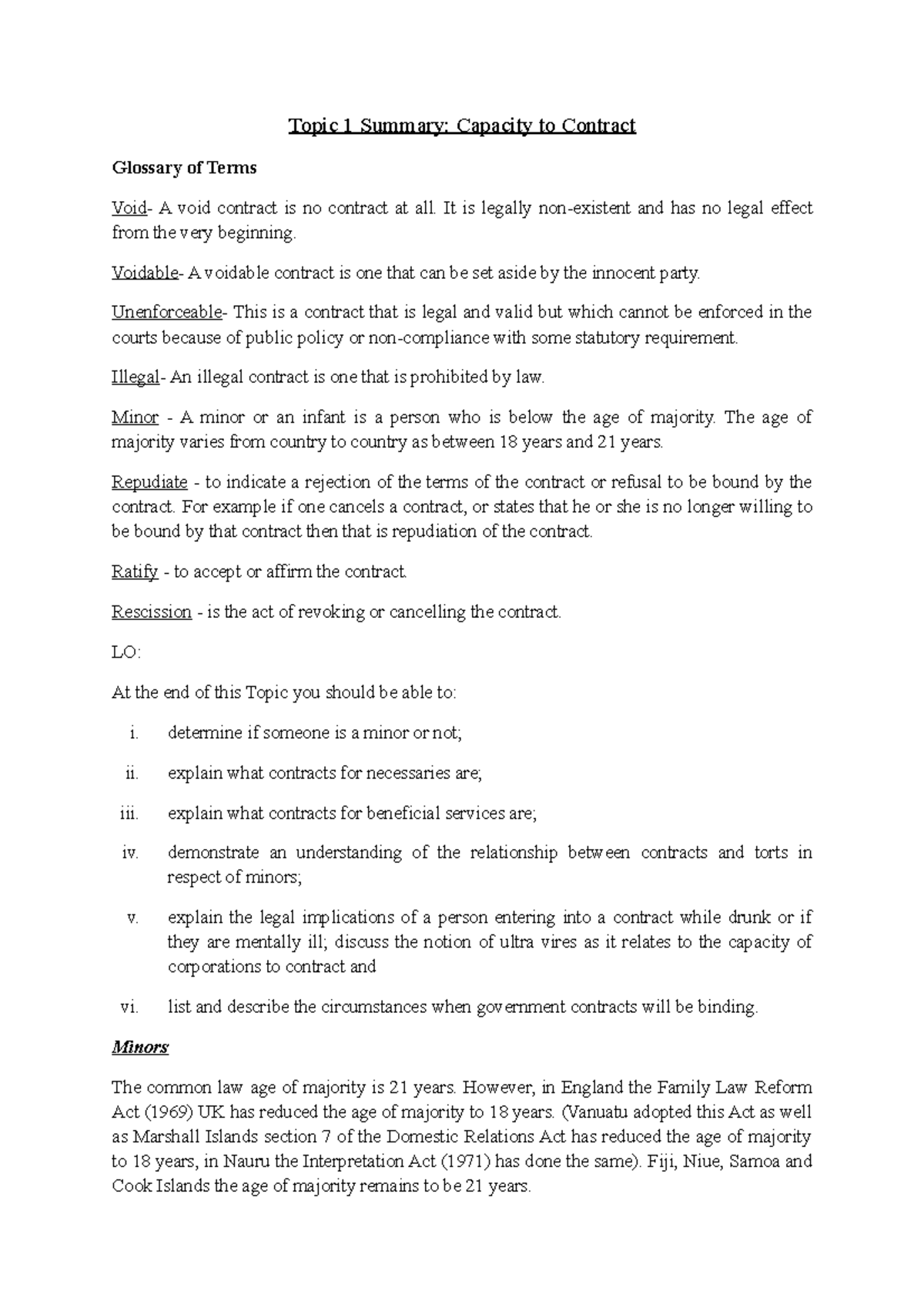 Contract 2 Topic 1 Summary - Topic 1 Summary: Capacity to Contract ...