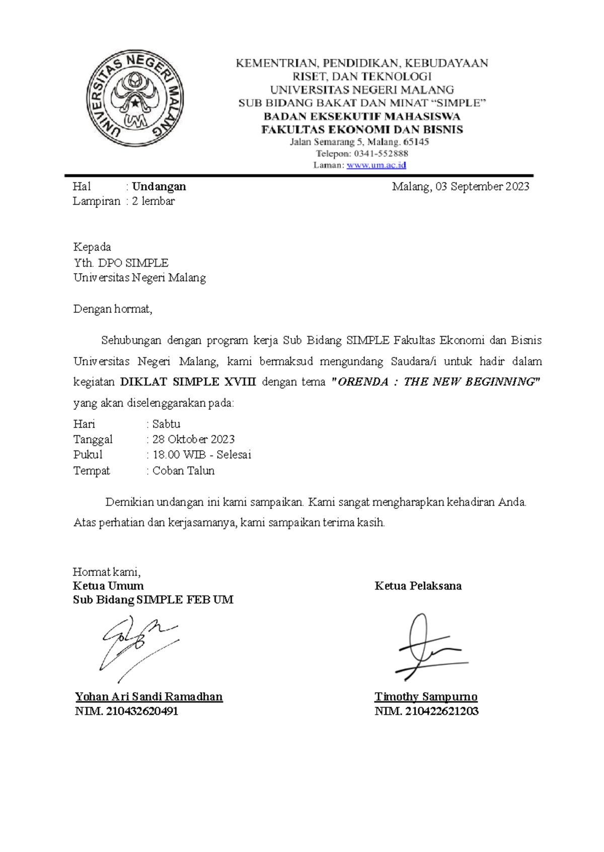 Surat Undangan DPO (Diklat Alam 2023) - Hal : Undangan Malang, 03 September 2023 Lampiran : 2 ...