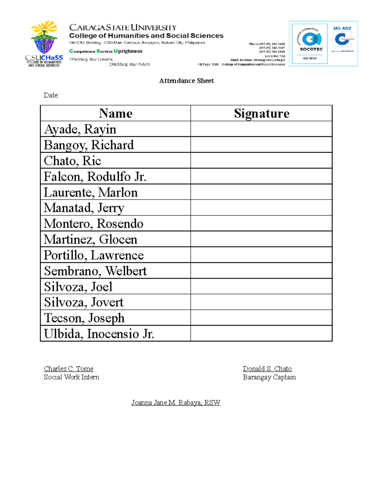 Attendance Sheet - Attendance Sheet Date: Name Signature Ayade, Rayin ...