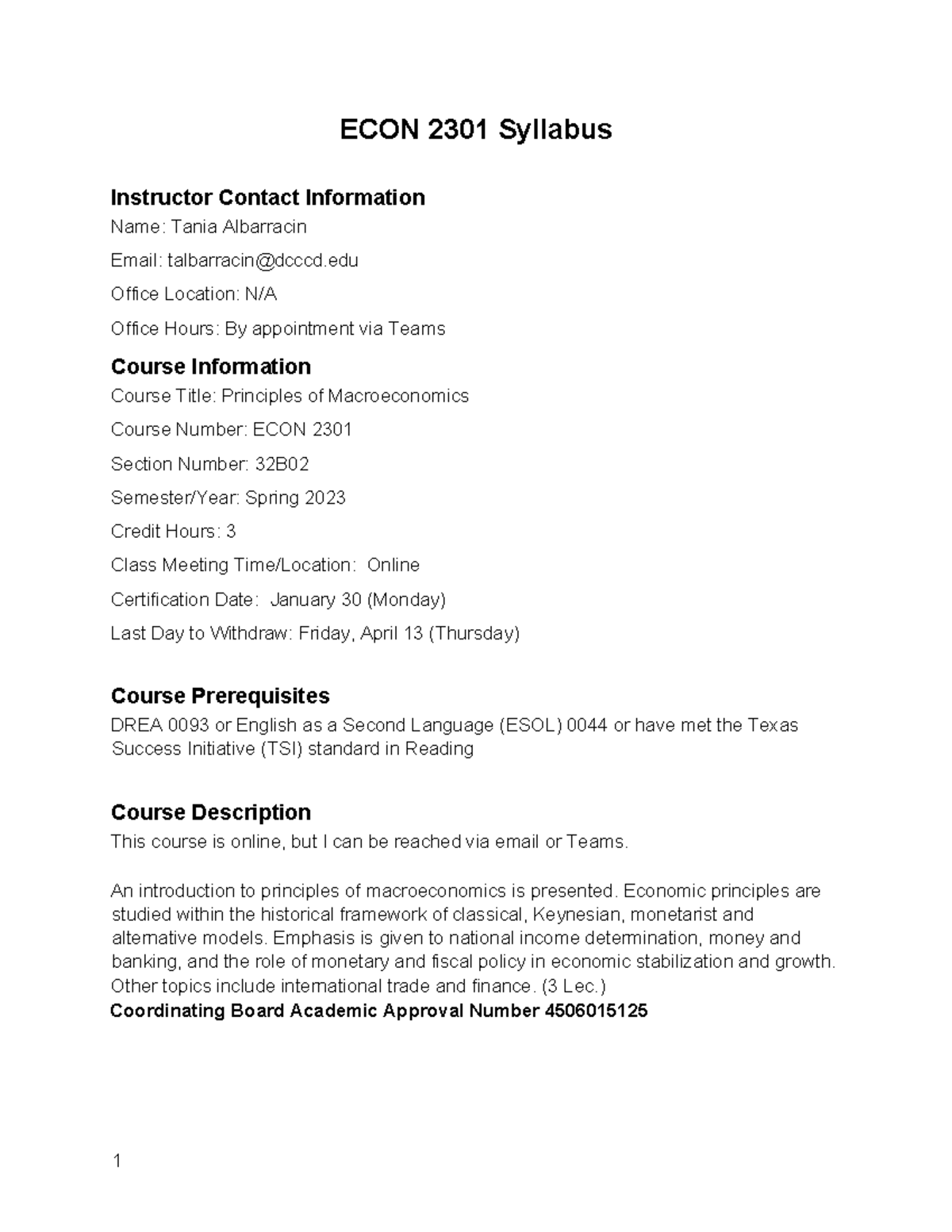 ECON 2301 Spring 2023 - ECON 1301 - Studocu