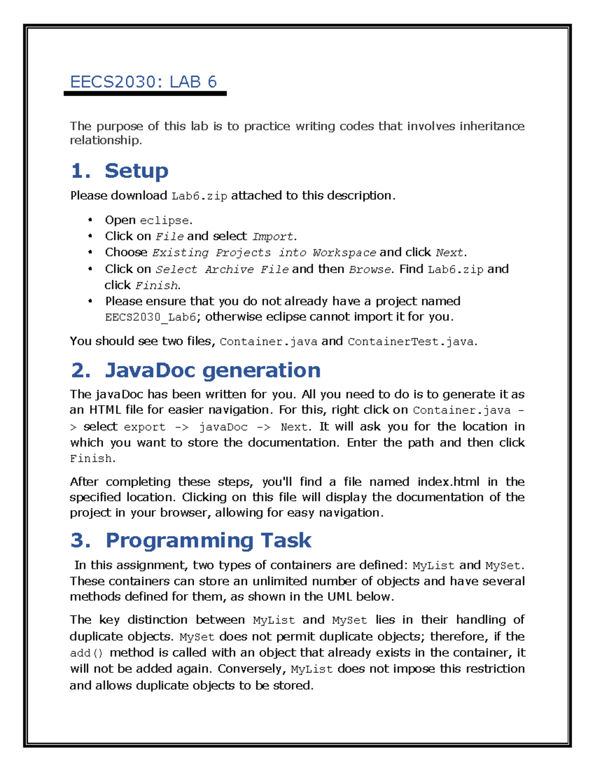 Lab6 CLO5 - lab 6 - EECS2030: LAB 6 The purpose of this lab is to practice writing codes that ...