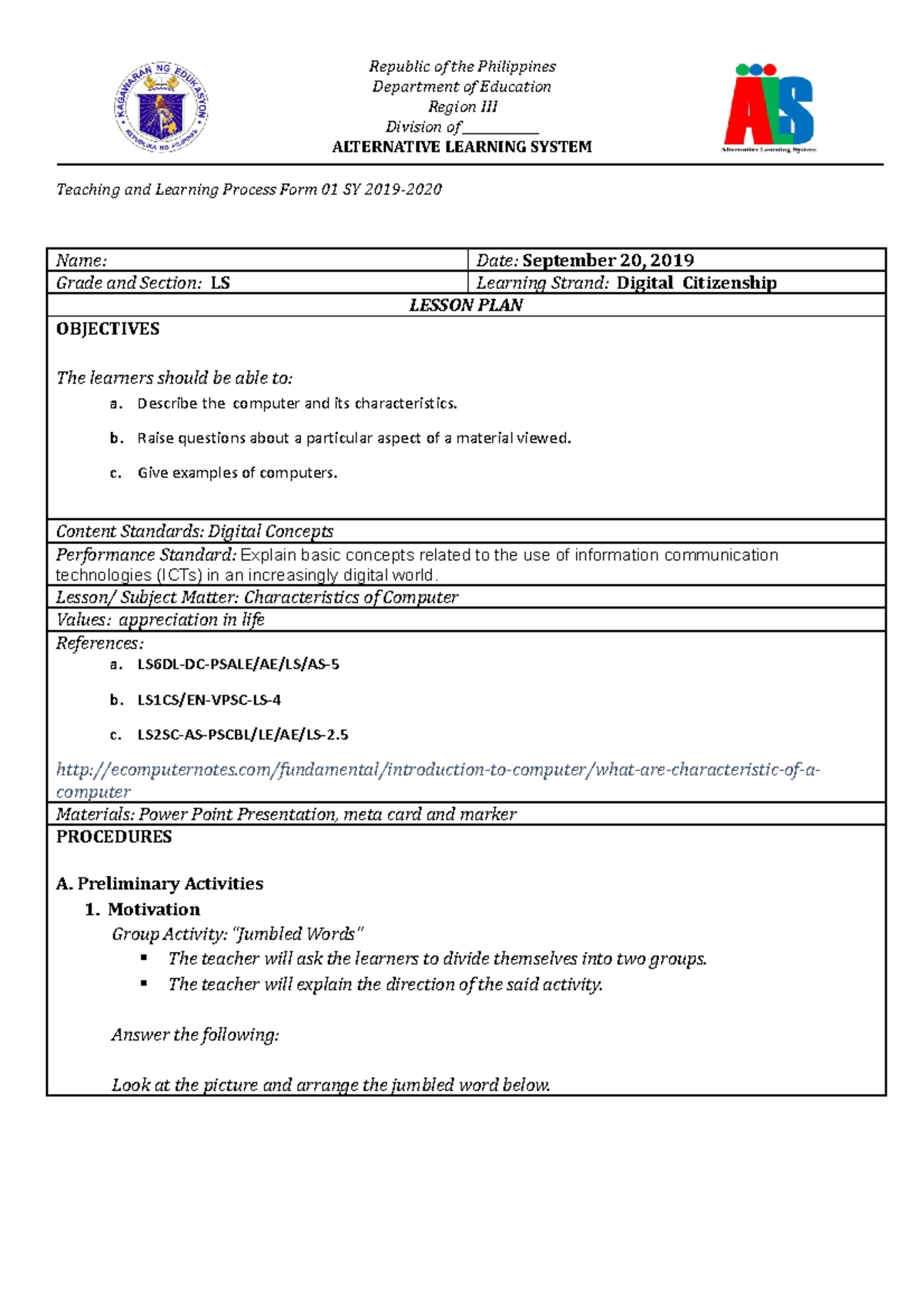 Lesson Plan 2 - Republic of the Philippines Department of Education ...