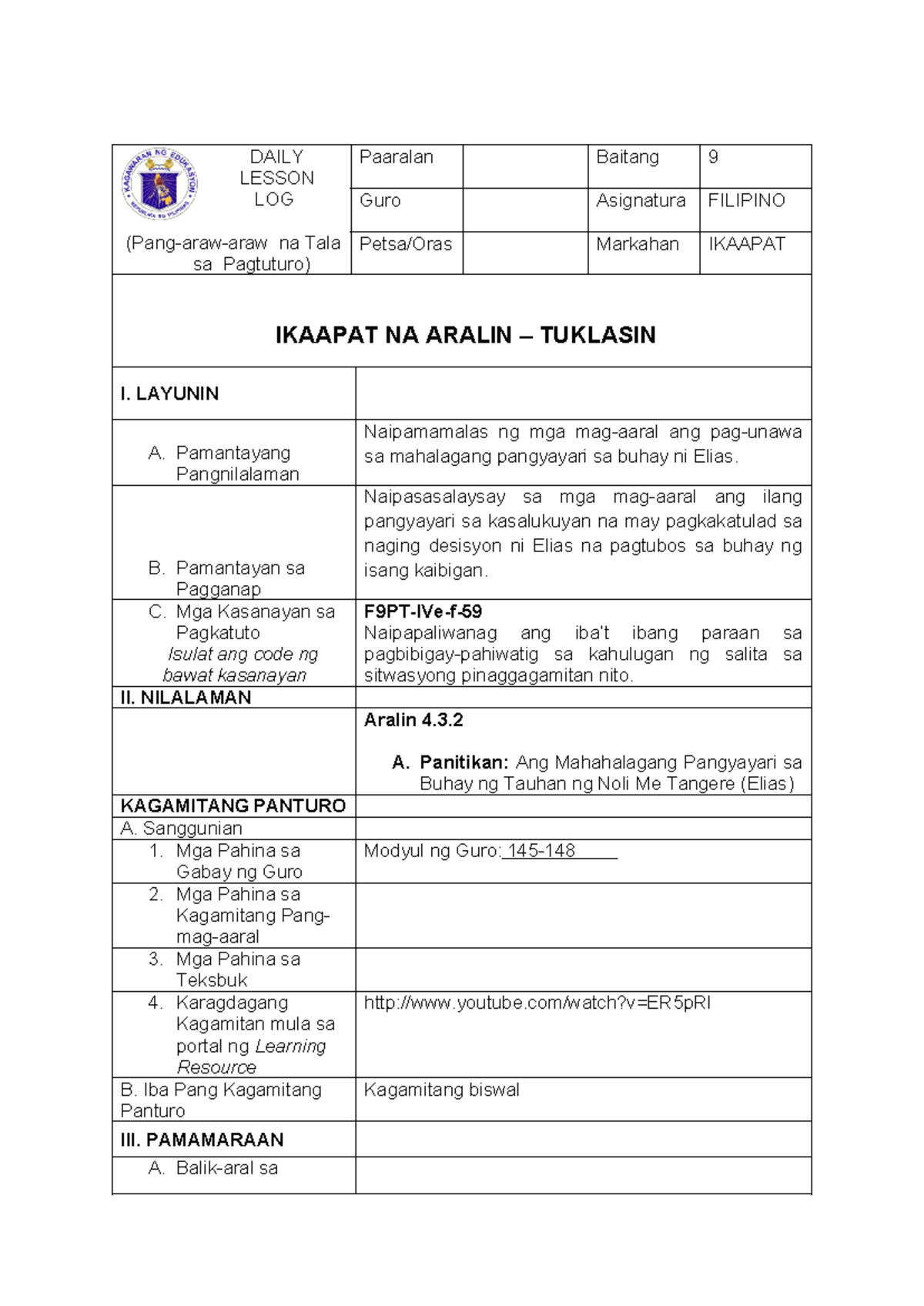 Aralin-4 - FILIPINO - DAILY LESSON LOG (Pang-araw-araw na Tala sa ...