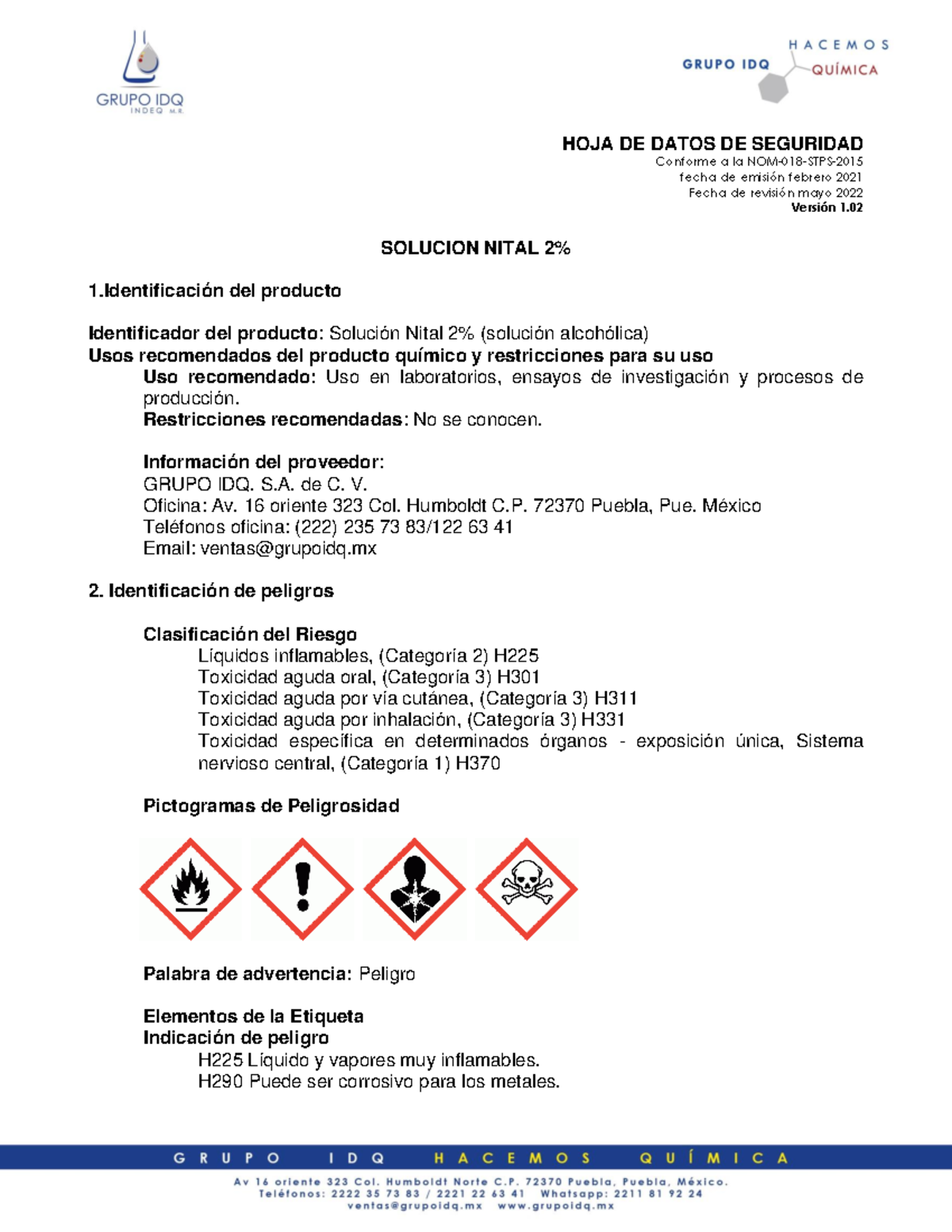 HDS 1167 Solucion Nital 2% - HOJA DE DATOS DE SEGURIDAD Conforme a la ...