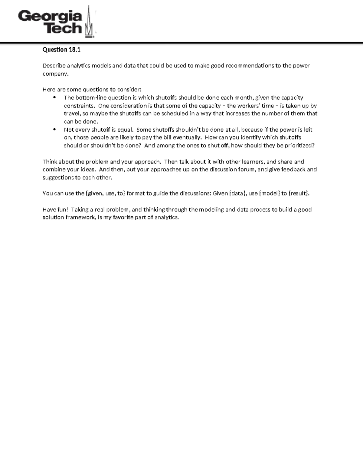 Question 18 - notes - Question 18. 1 Describe analytics models and data ...