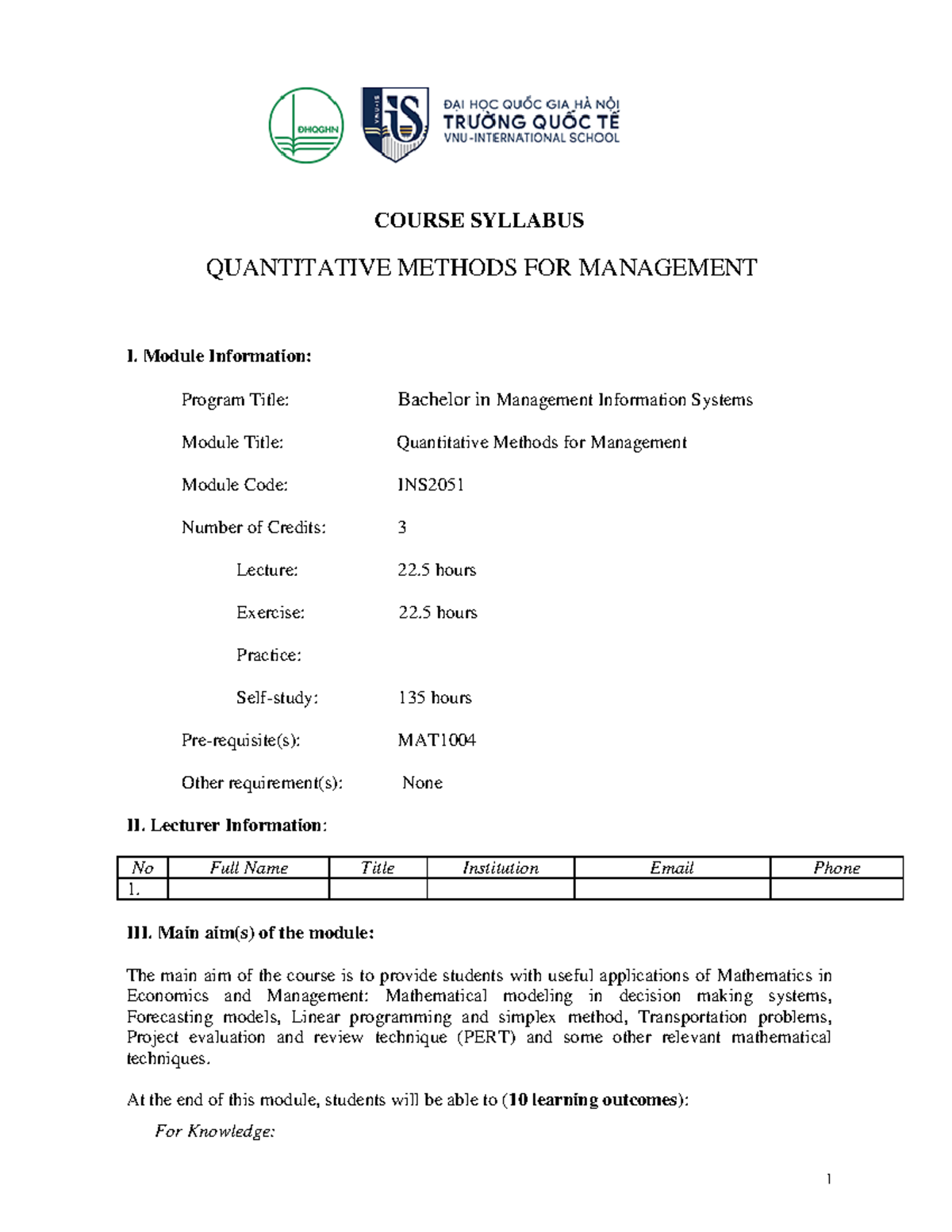 MAT100503.Quantitative Methods - COURSE SYLLABUS QUANTITATIVE METHODS FOR MANAGEMENT I. Module ...