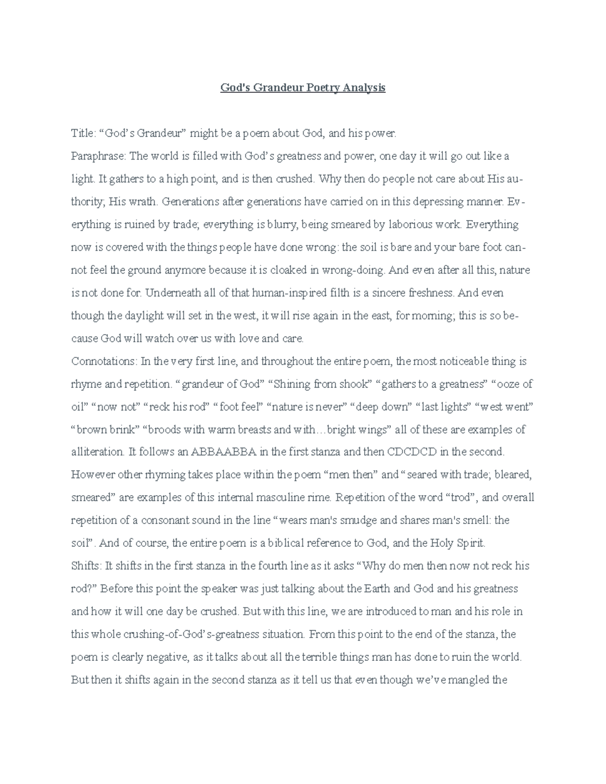 Poetry analysis god's grandeur - Grandeur Poetry Analysis Title: might ...