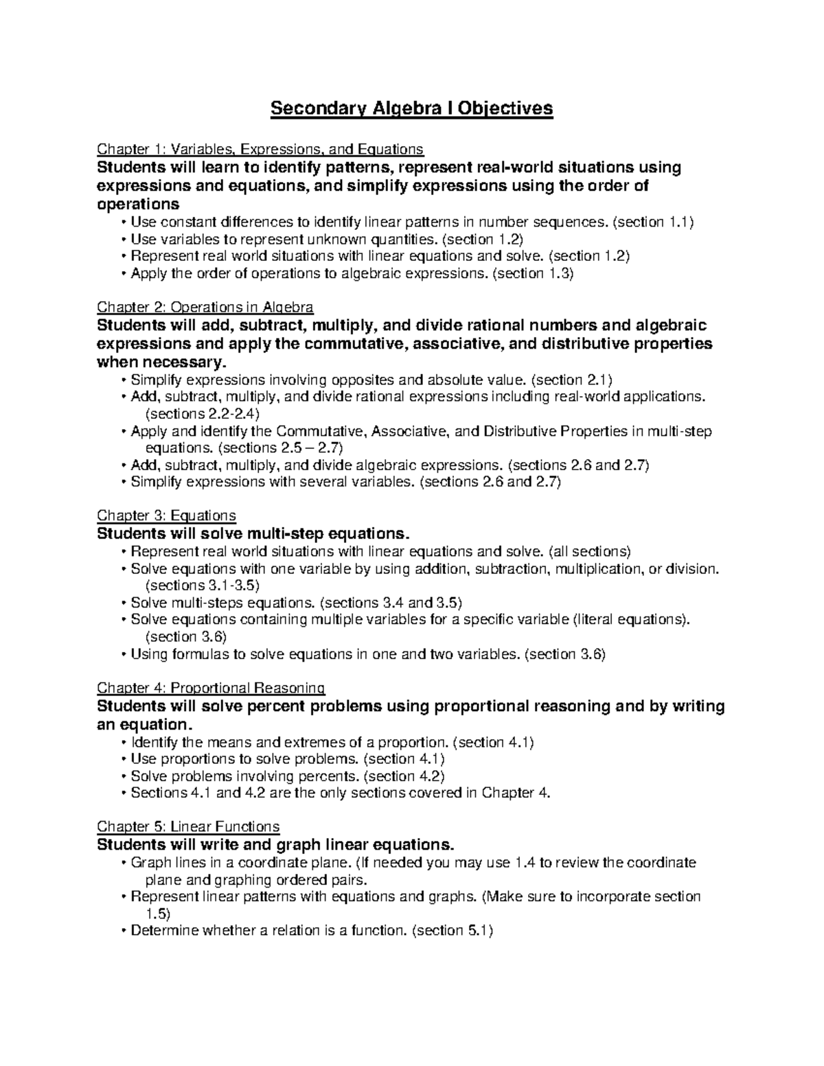 Algebra I - jjs sj - Secondary Algebra I Objectives Chapter 1 ...