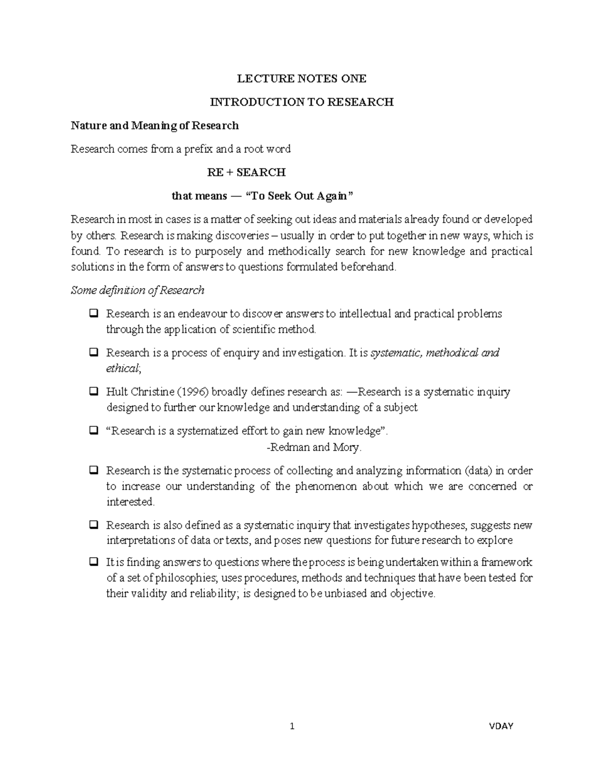 Research Methods 2023 Lecture notes 1 - LECTURE NOTES ONE INTRODUCTION ...