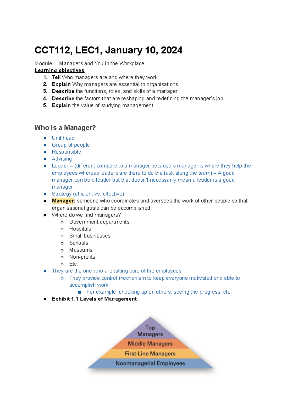 CCT112, LEC1, January 10, 2024 - CCT112, LEC1, January 10, 2024 Module 1: Managers and You in ...
