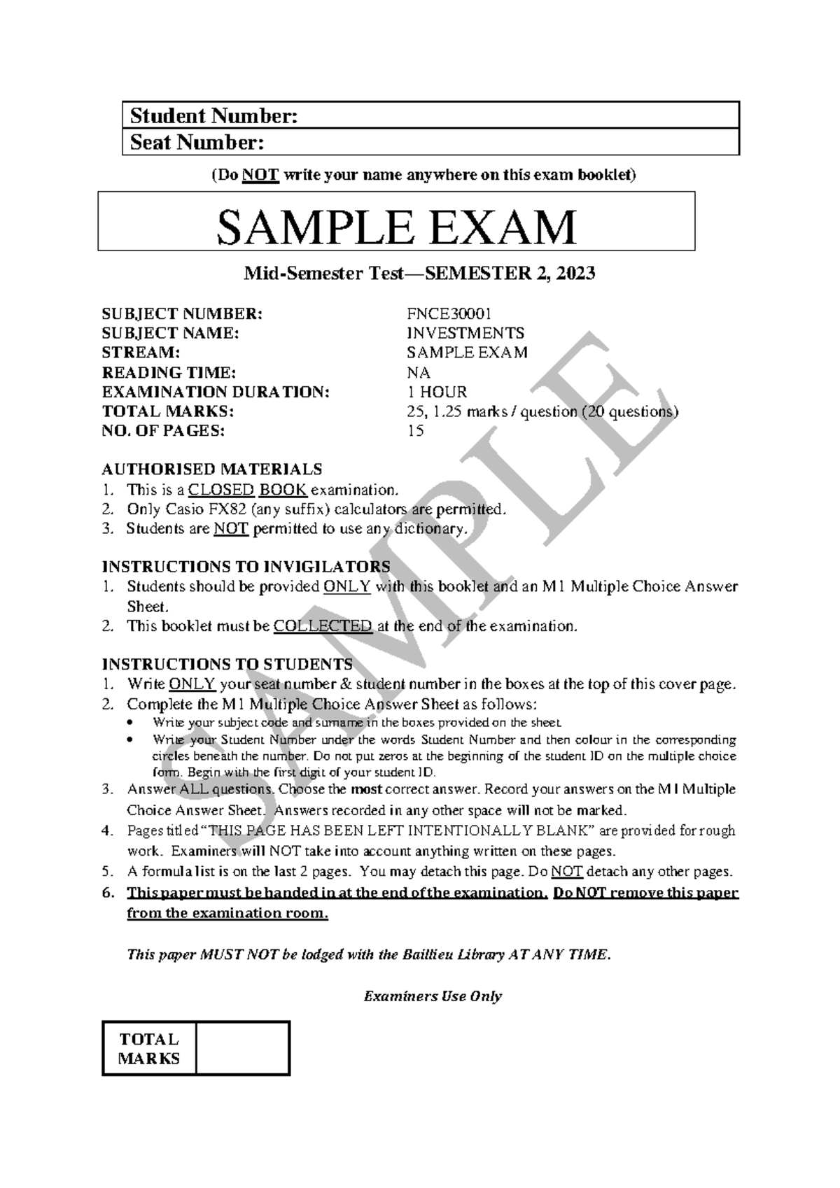 Midterm Sample Exam - Student Number: Seat Number: (Do NOT write your ...