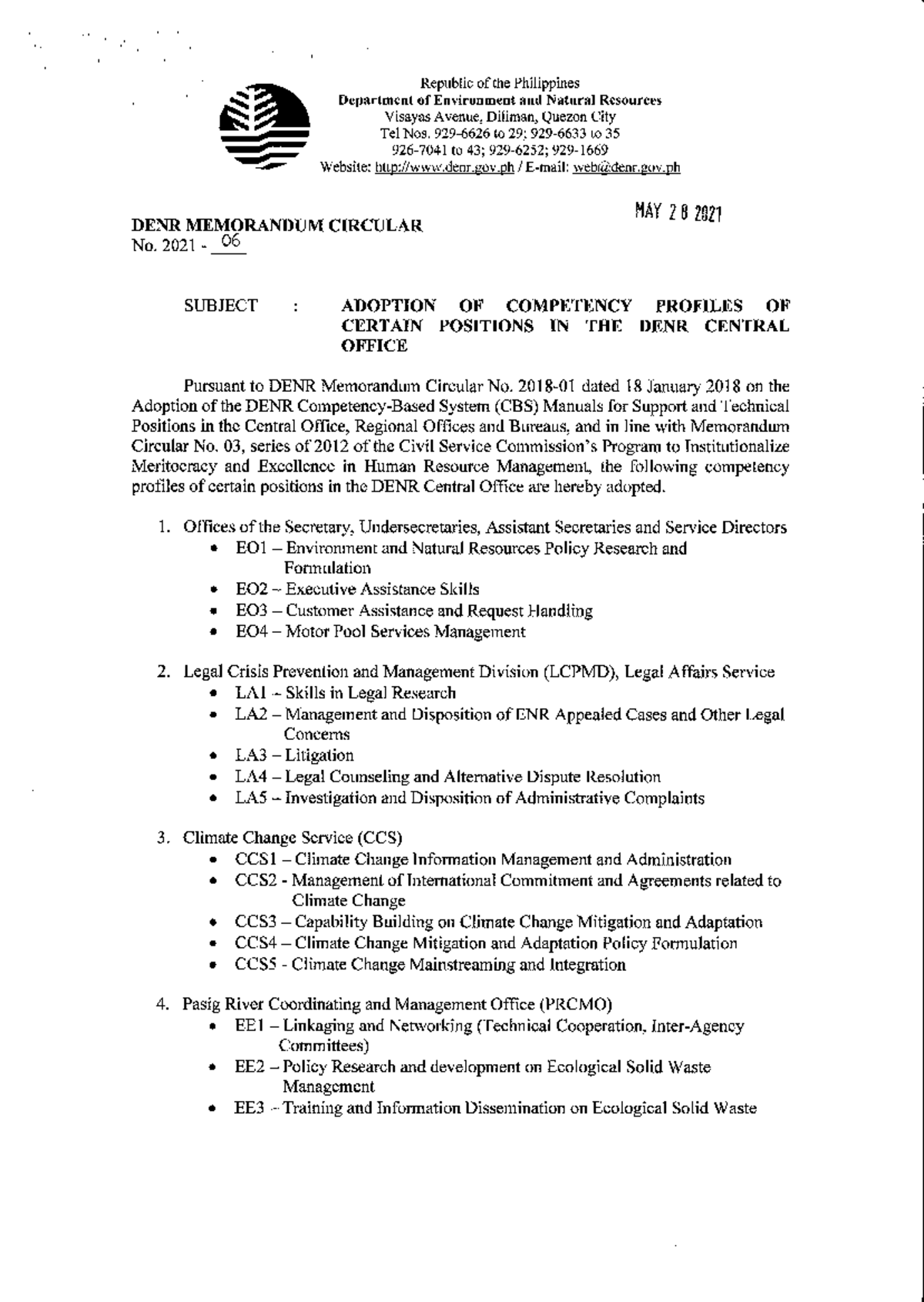 Adoption OF Competency Profiles OF Certain Positions IN THE DENR ...