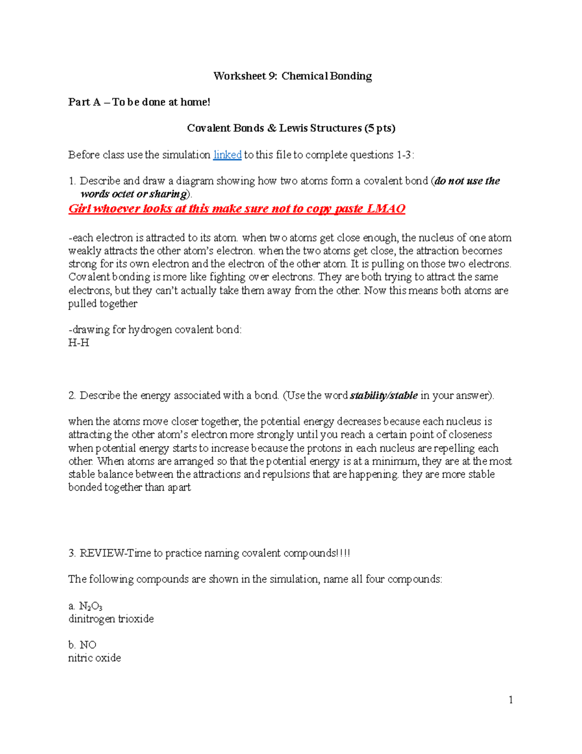 Worksheet 9 Chemical Bonding.docx - Worksheet 9: Chemical Bonding Part ...