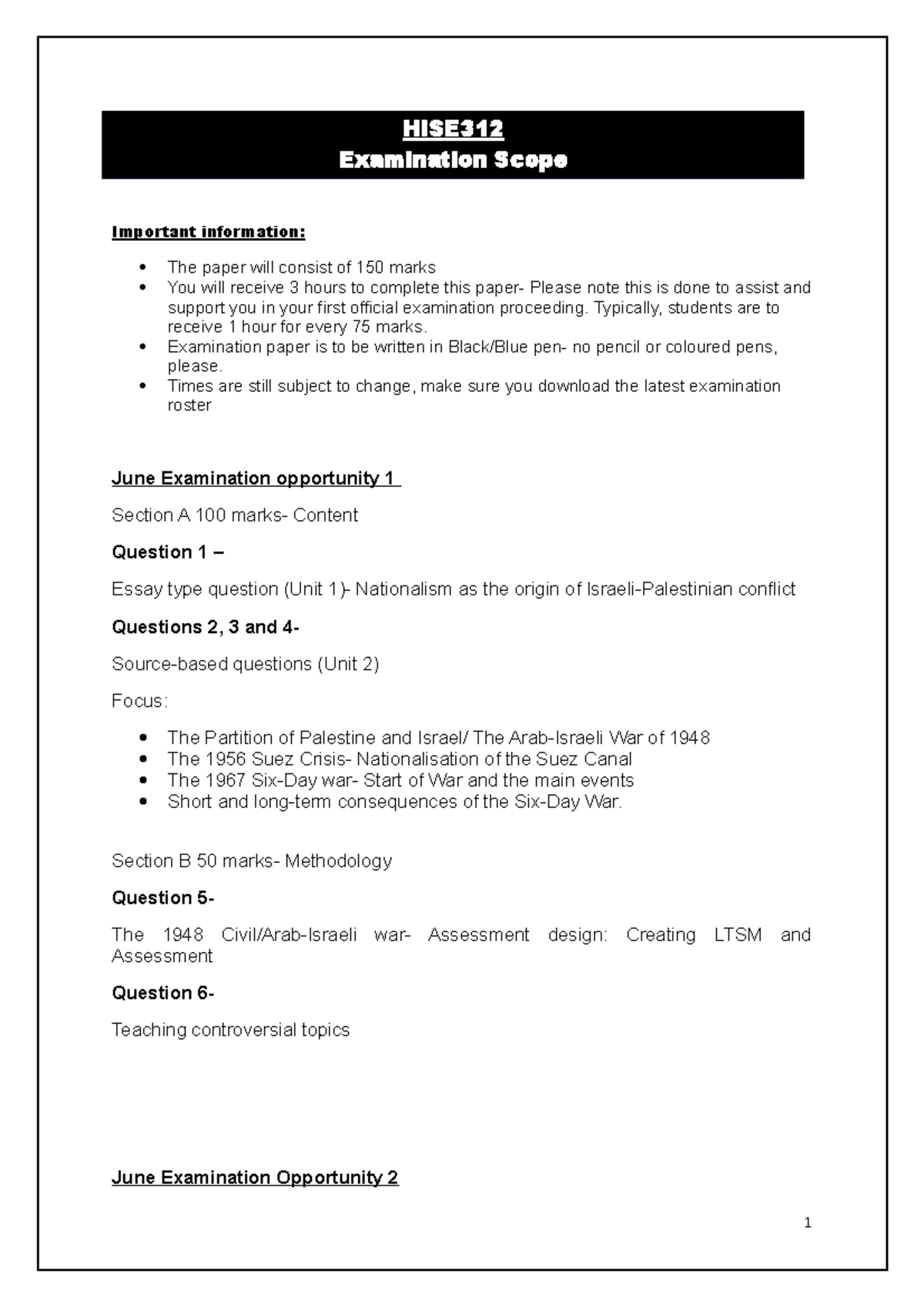 HISE312+Examination+Scope - HISE 312 Examination Scope Important ...