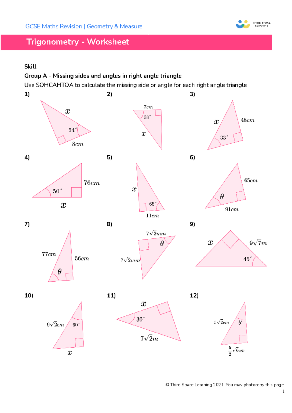 Third Space Learning Trigonometry GCSE Worksheet - Trigonometry ...