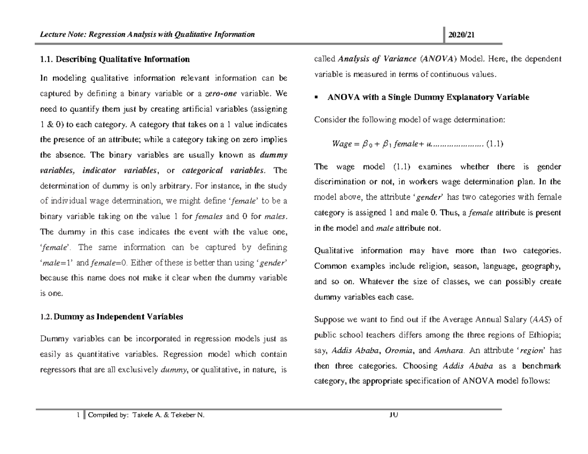 Econometrics II Handout chap one - Describing Qualitative Information In modeling qualitative ...