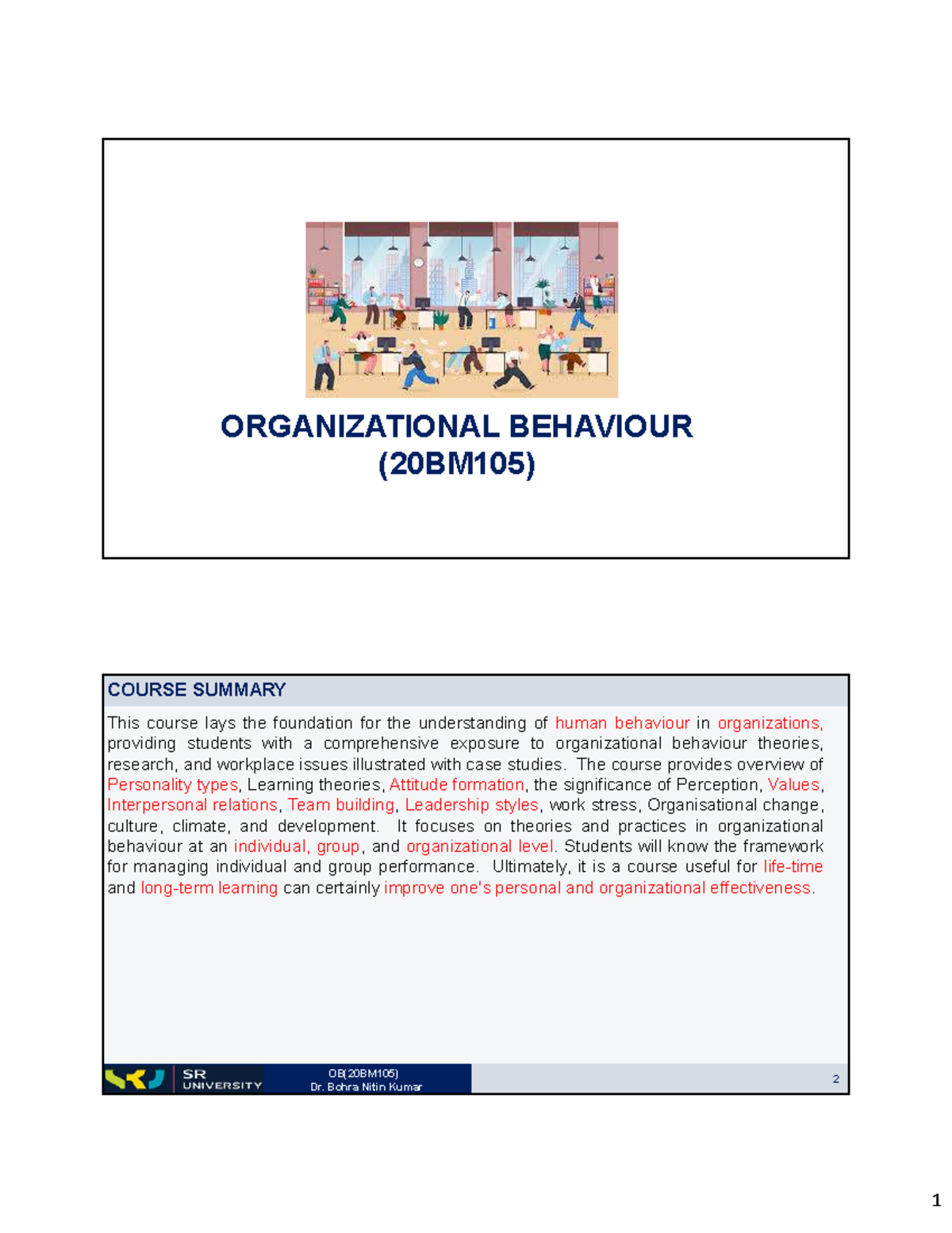 Unit-I (INTRODUCTION OF OB) - ORGANIZATIONAL BEHAVIOUR (20BM105) COURSE ...