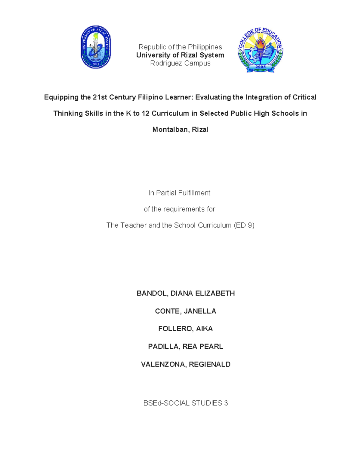 ED9 Group 3 yehye - Republic of the Philippines University of Rizal ...