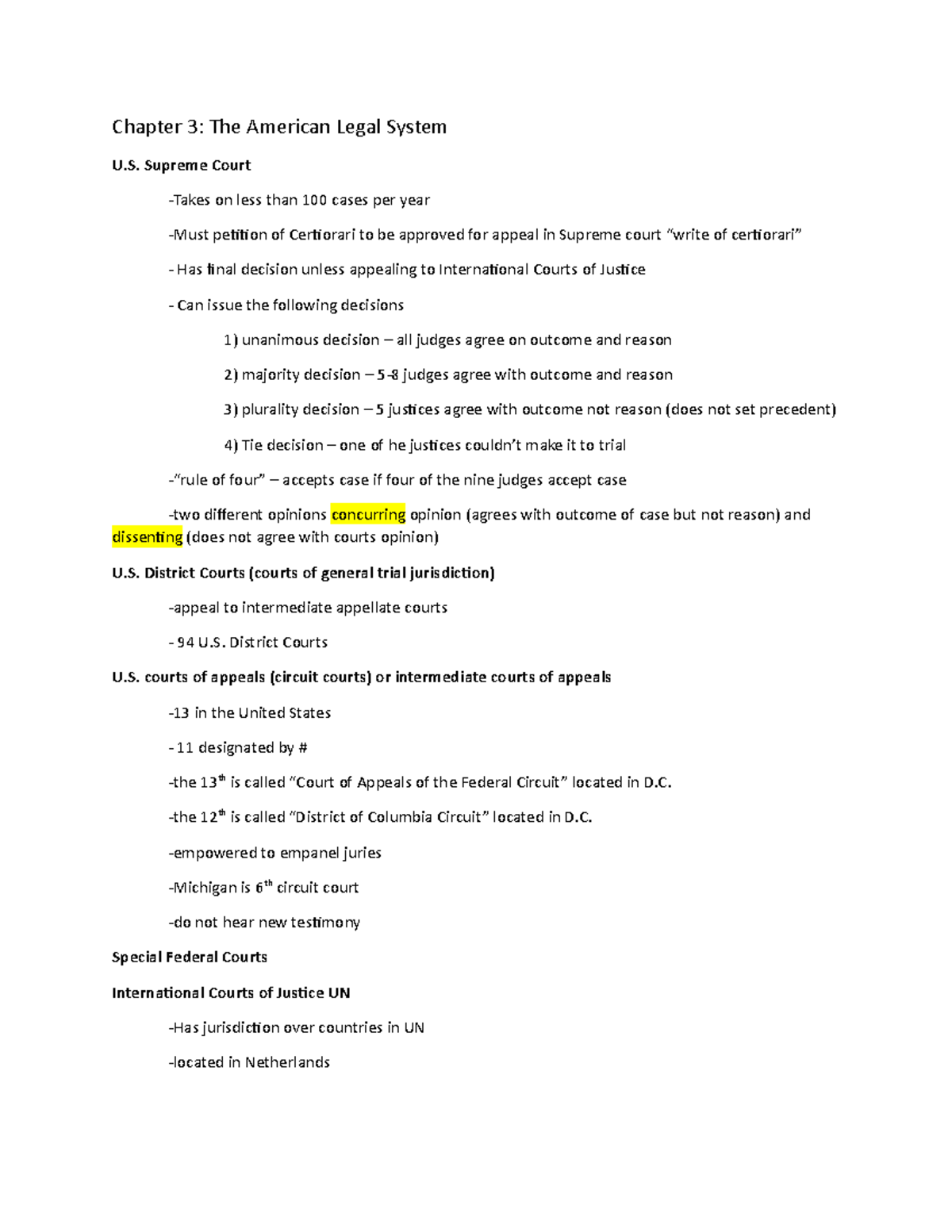 Chapter 3 notes - Chapter 3: The American Legal System U. Supreme Court ...