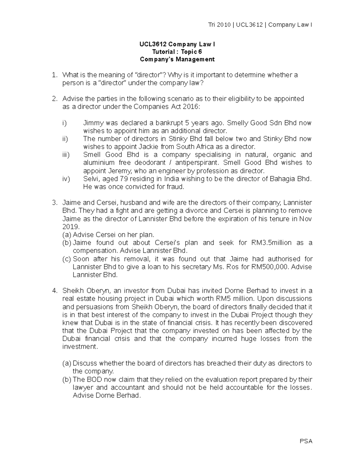 Tutorial 6 - Tri 2010 | UCL3612 | Company Law I UCL3612 Company Law I ...