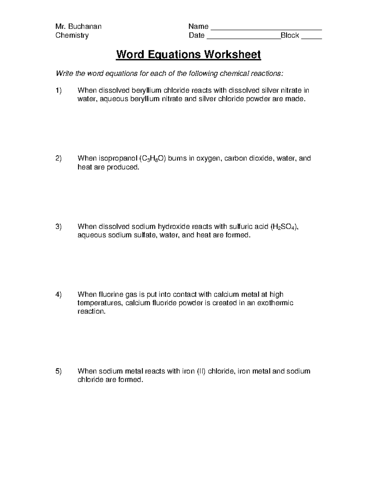4- Balancing and Types of Reactions Sentences - Mr. Buchanan Name