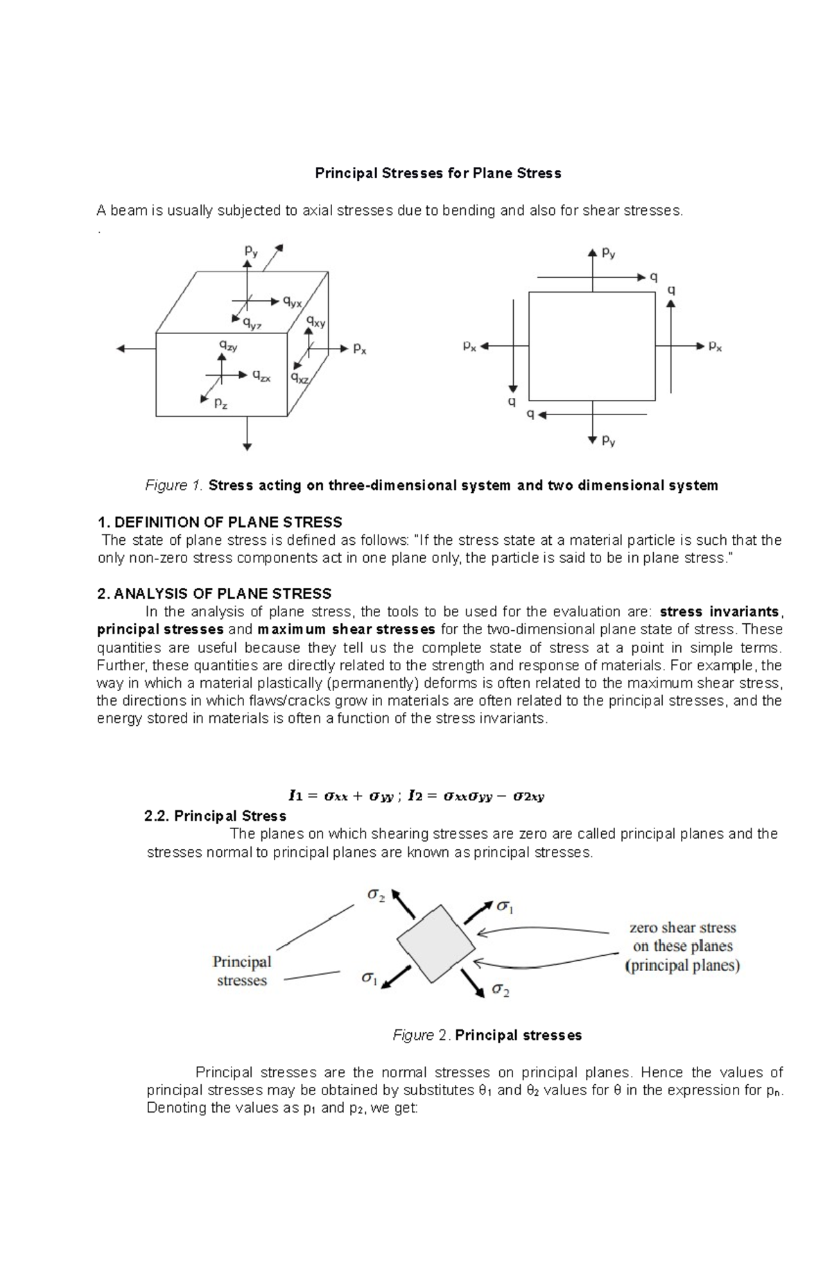Principal Stresses for Plane Stress - . Figure 1. Stress acting on ...