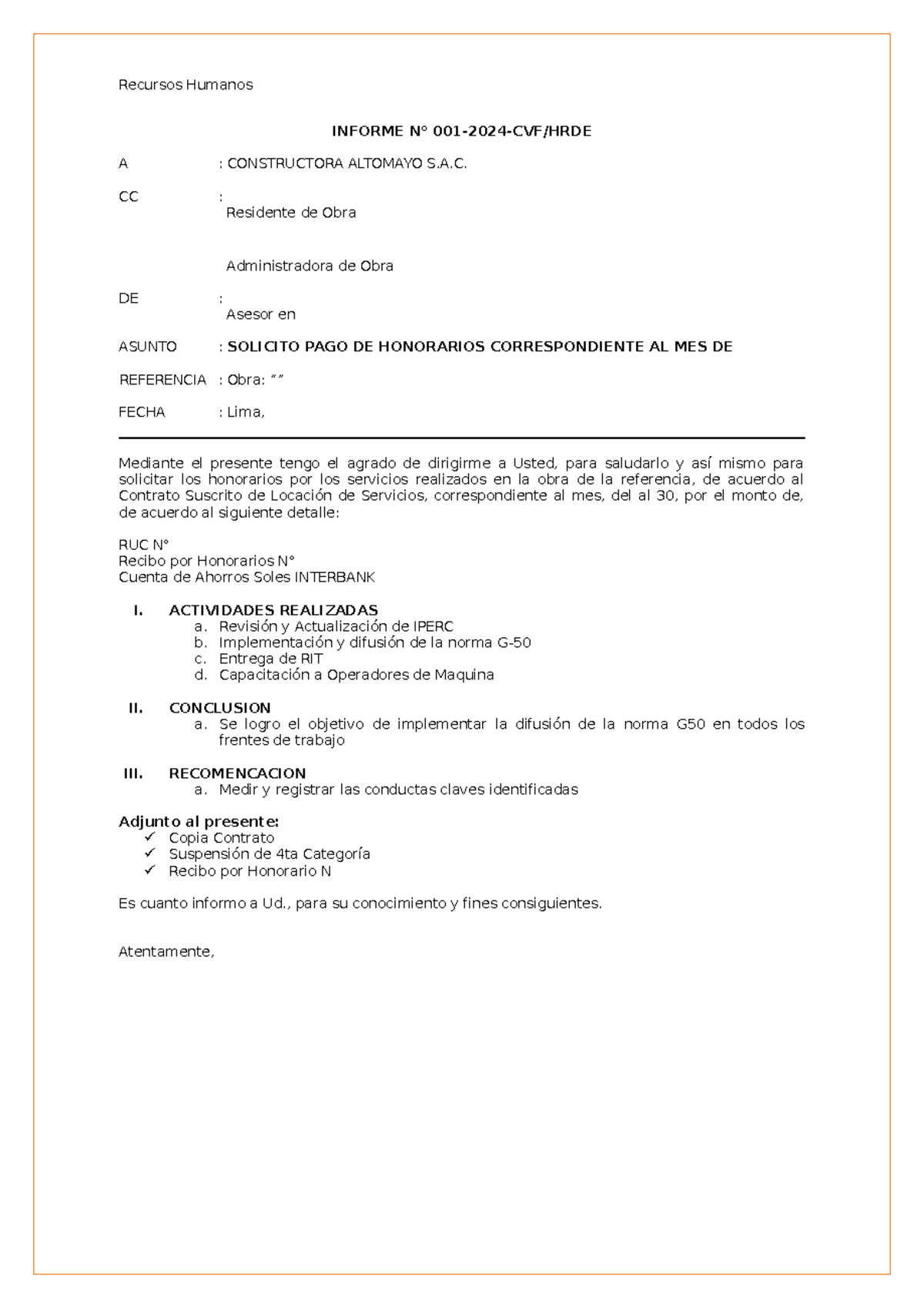 Modelo Referencial DE Informe PARA PAGO Rx H - Recursos Humanos INFORME ...