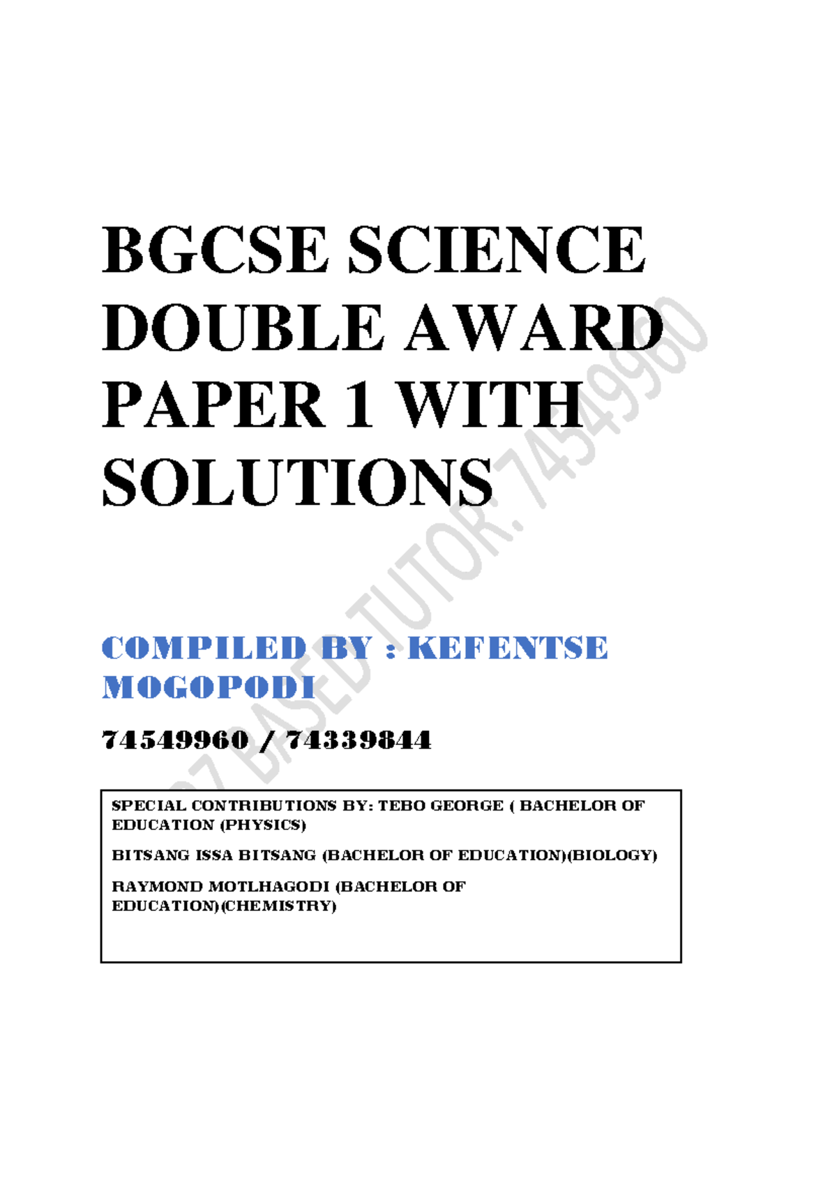 Bgcse Double Award Paper 1 - BGCSE SCIENCE DOUBLE AWARD PAPER 1 WITH SOLUTIONS COMPILED BY ...