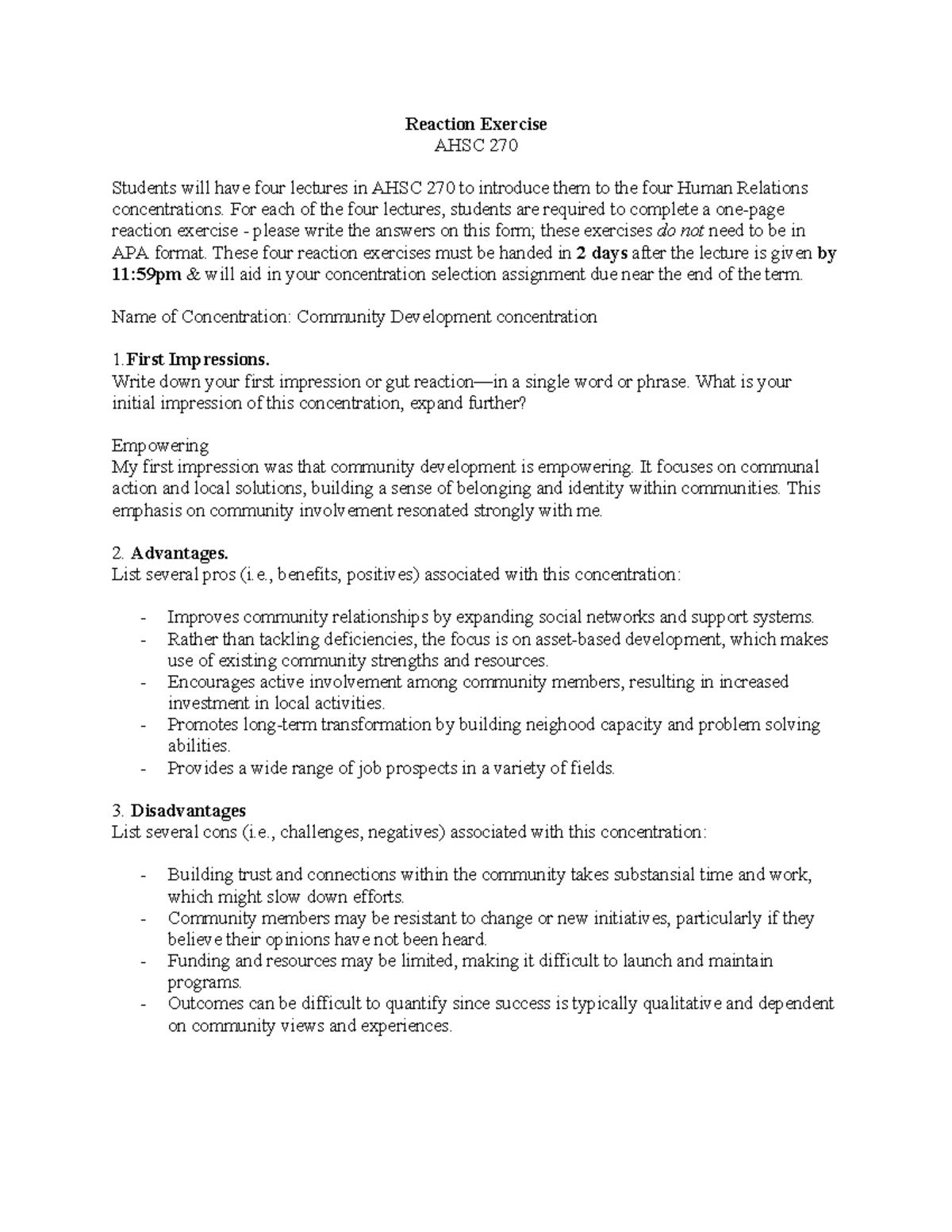 Reaction Exercise instructions AHSC 270 - Reaction Exercise AHSC 270 ...