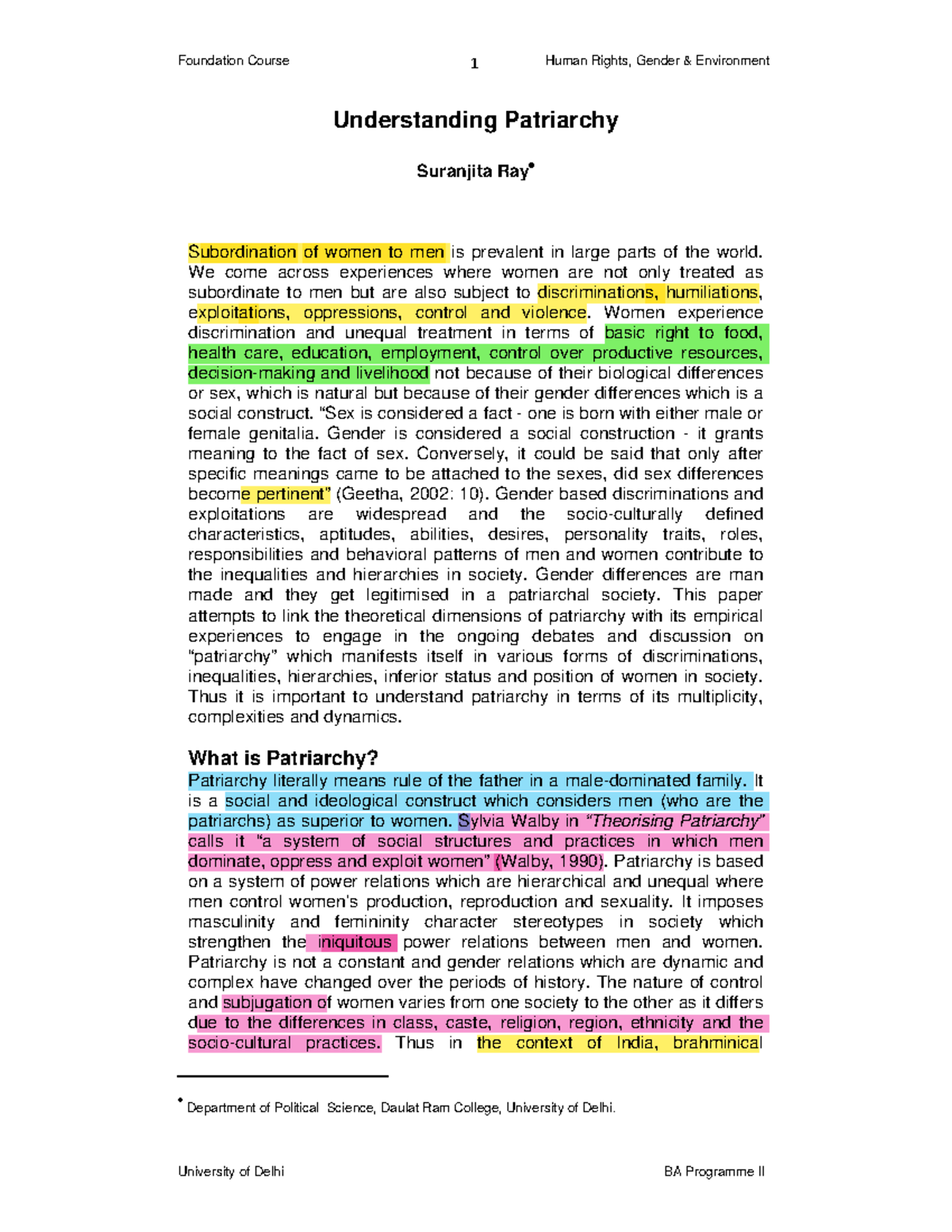 Patriarchy - 1 Understanding Patriarchy Suranjita Ray• Subordination of ...