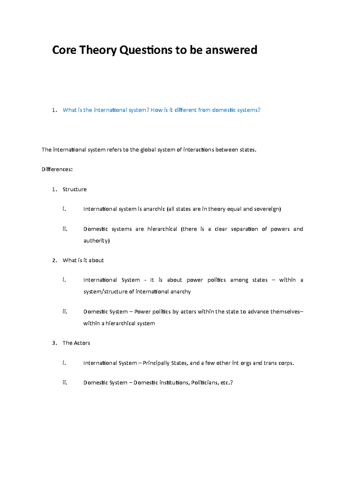 Core Theory Questions to be answered - Differences: Structure i ...