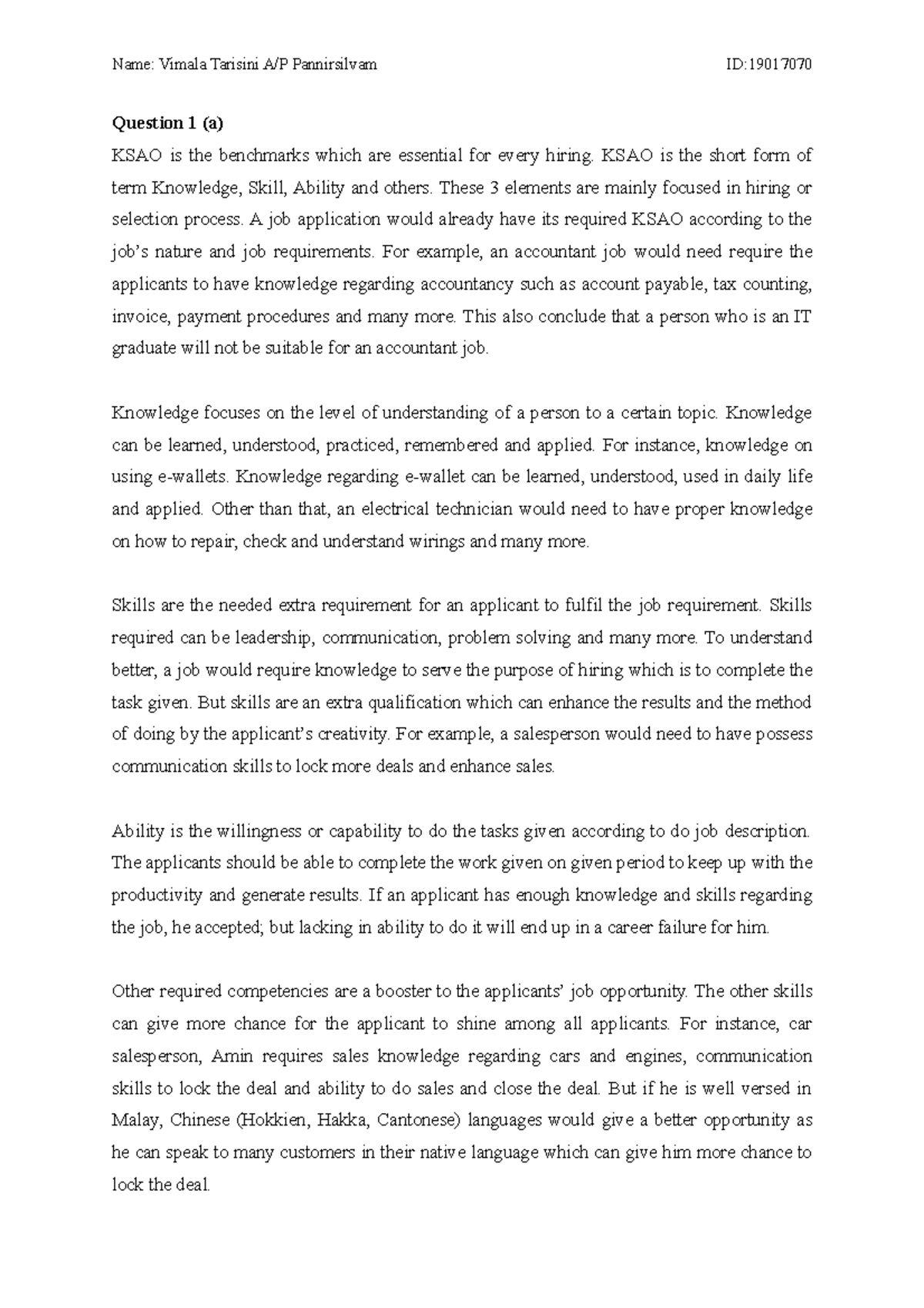 Vimala tarisini I19017070 MKT final exam - Question 1 (a) KSAO is the ...