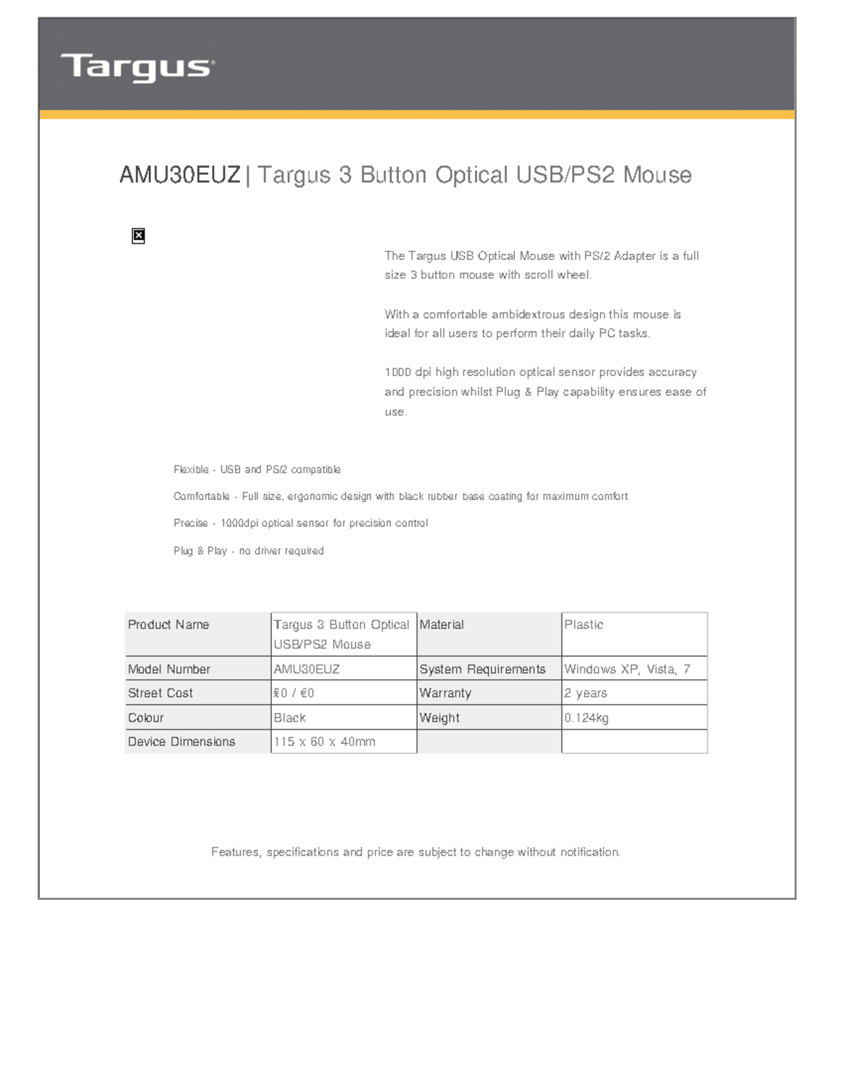 Mouse Targus - IOIOIOIO - AMU30EUZ | Targus 3 Button Optical USB/PS2 ...