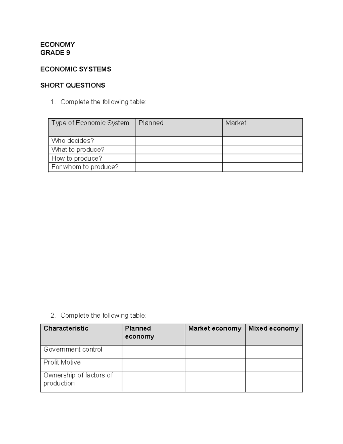Economy - want to learn more - ECONOMY GRADE 9 ECONOMIC SYSTEMS SHORT ...
