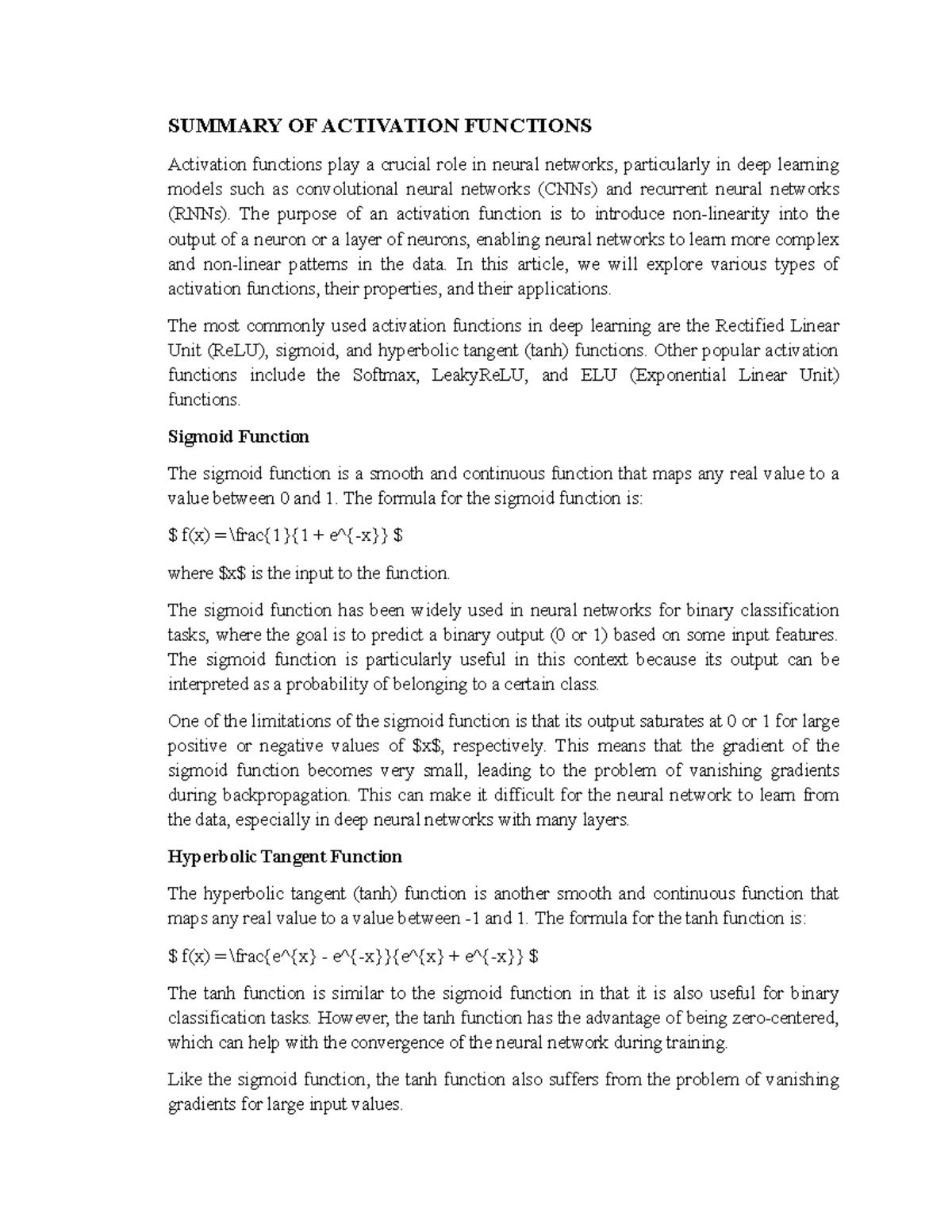 Summary of Activation Functions - SUMMARY OF ACTIVATION FUNCTIONS ...