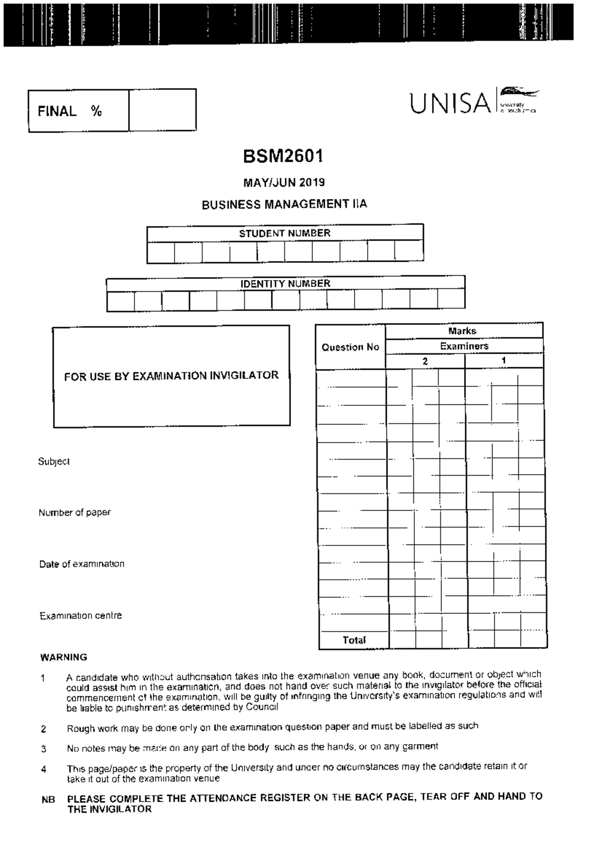 BSM2601 2019 past examination question paper business management ...