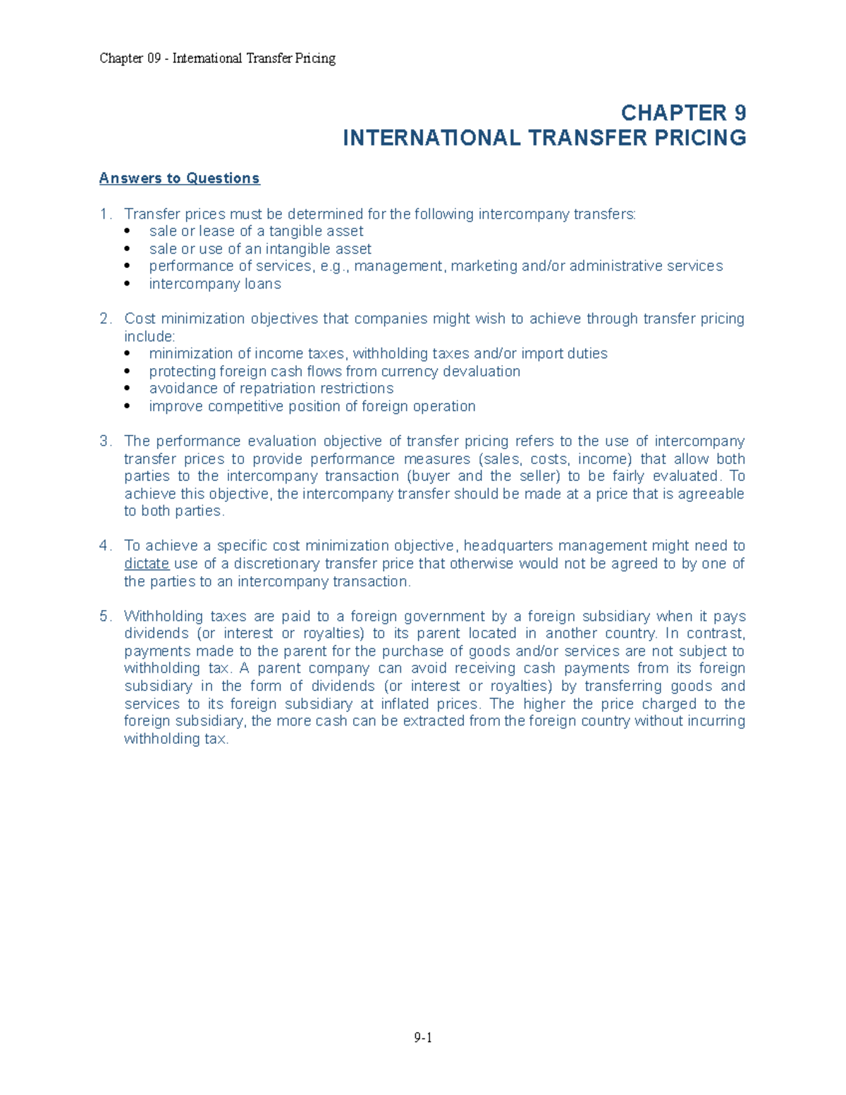 Chapter 9 Answers - CHAPTER 9 INTERNATIONAL TRANSFER PRICING Answers to ...