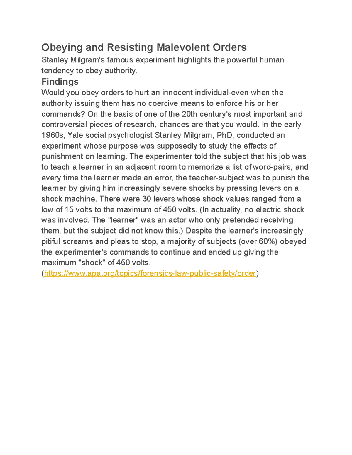 Obeying and resisting malevolent orders - Obeying and Resisting ...