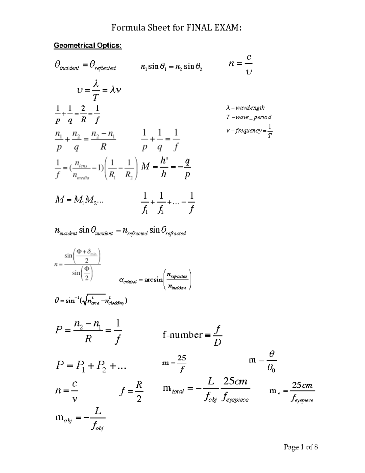 Formula sheet - pcs 213 - Formula Sheet for FINAL EXAM: Geometrical ...