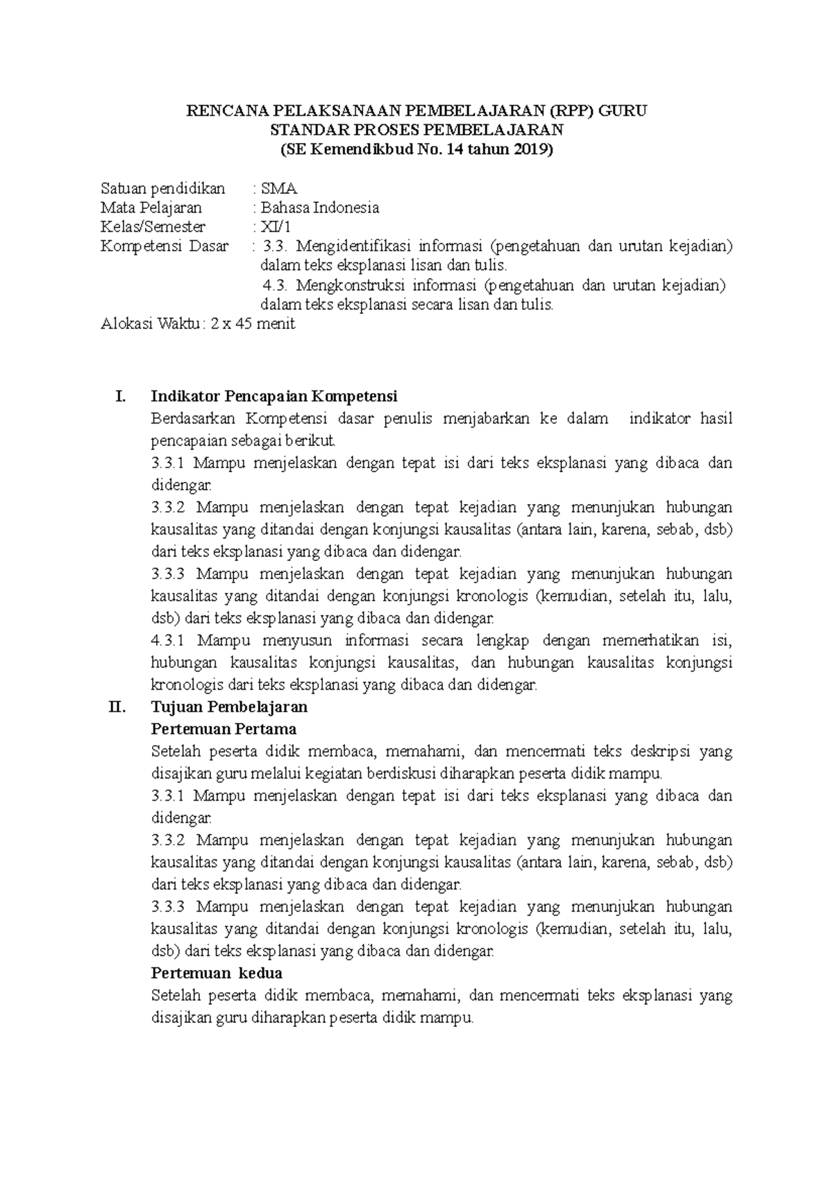 RPP Teks Eksplanasi Sederhana (2 pertemuan) - RENCANA PELAKSANAAN ...
