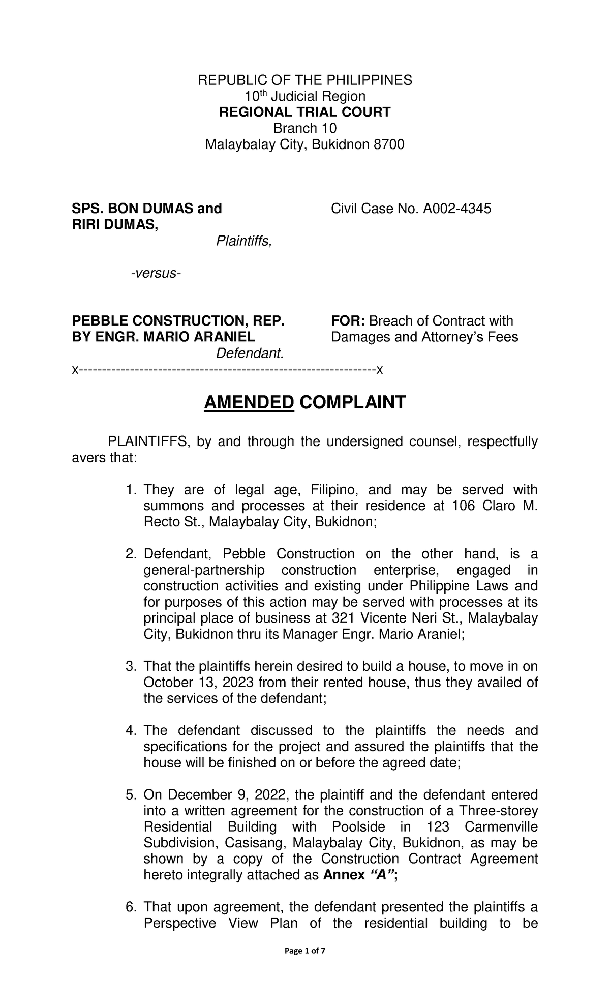 Complaint-2 - sadasdklajsd - REPUBLIC OF THE PHILIPPINES 10 th Judicial ...